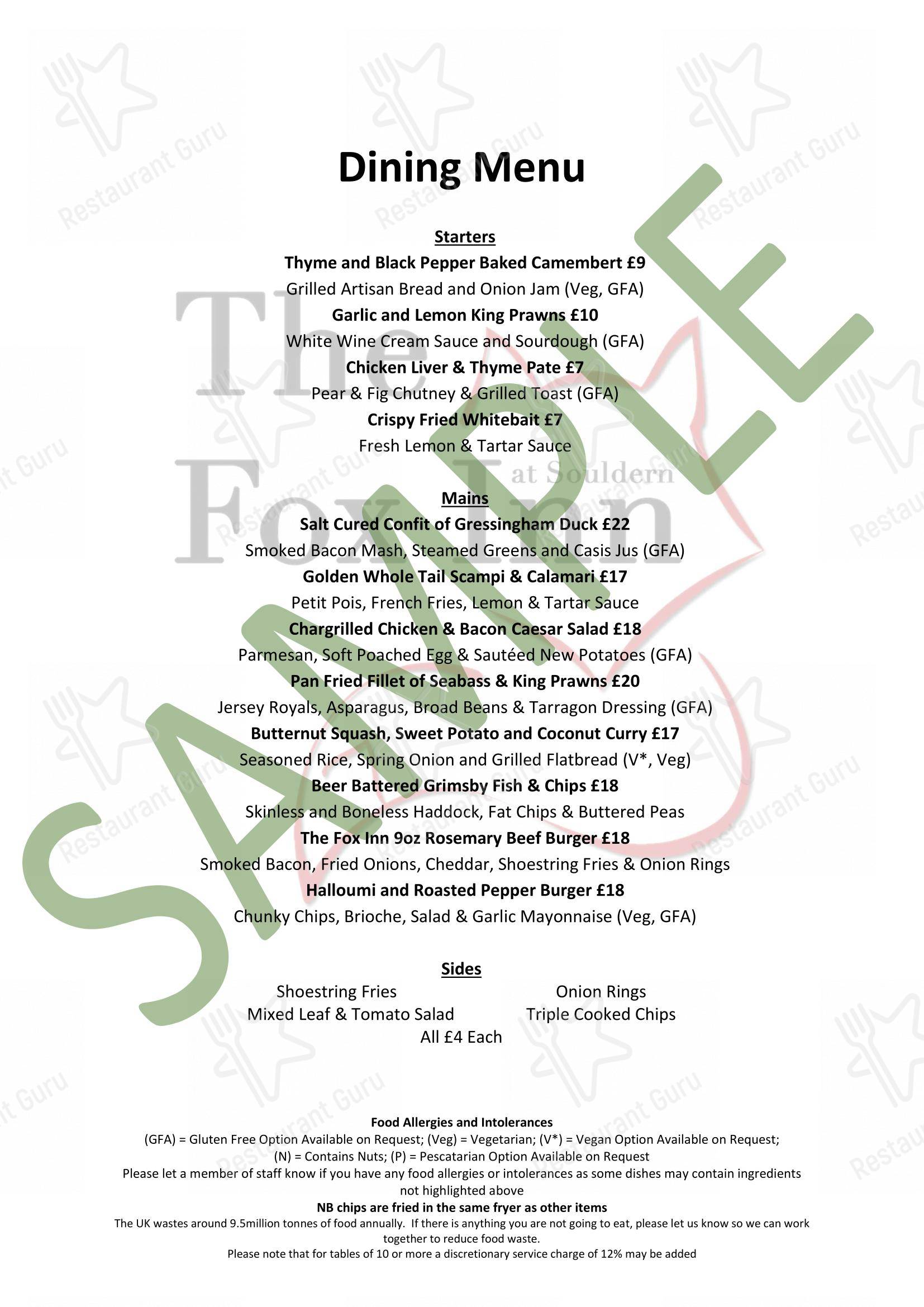 Menu at The Fox Inn pub & bar, Stoke Lyne, Fox Ln