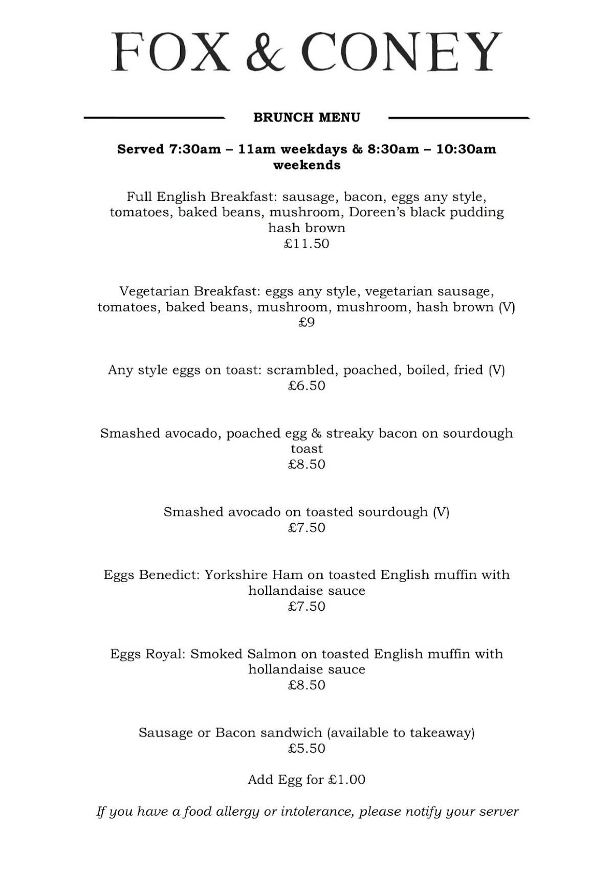 Menu at The Fox and Coney Inn restaurant, Brough