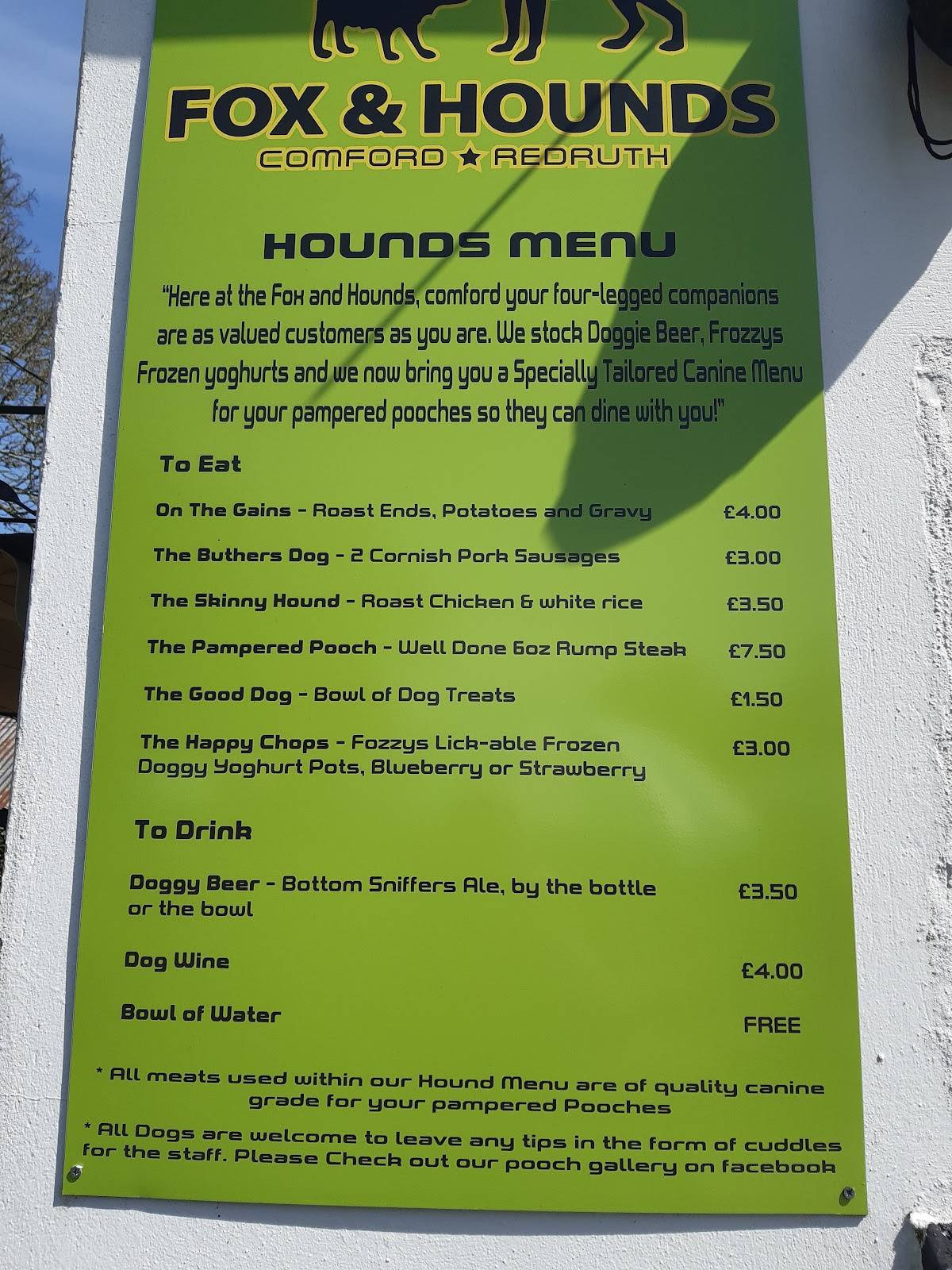 Menu at The Fox & Hounds Comford restaurant, Redruth