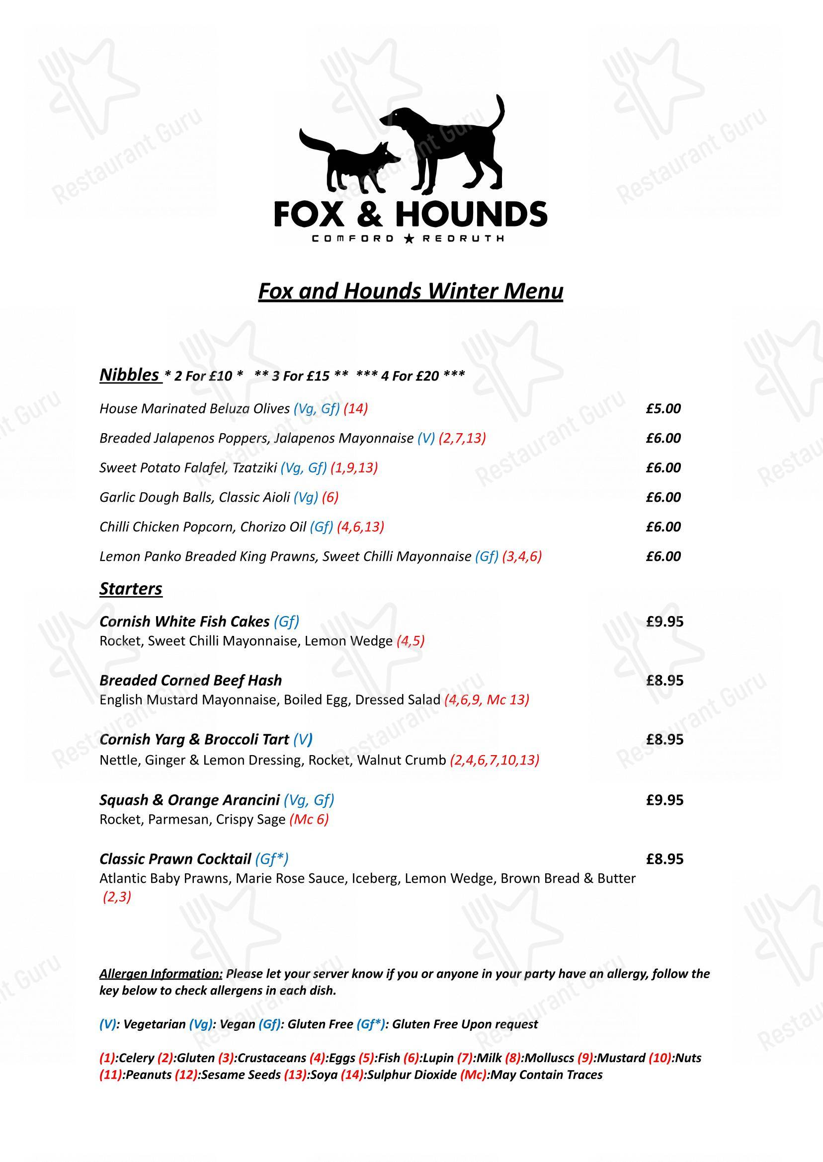 Menu at The Fox & Hounds Comford restaurant, Redruth