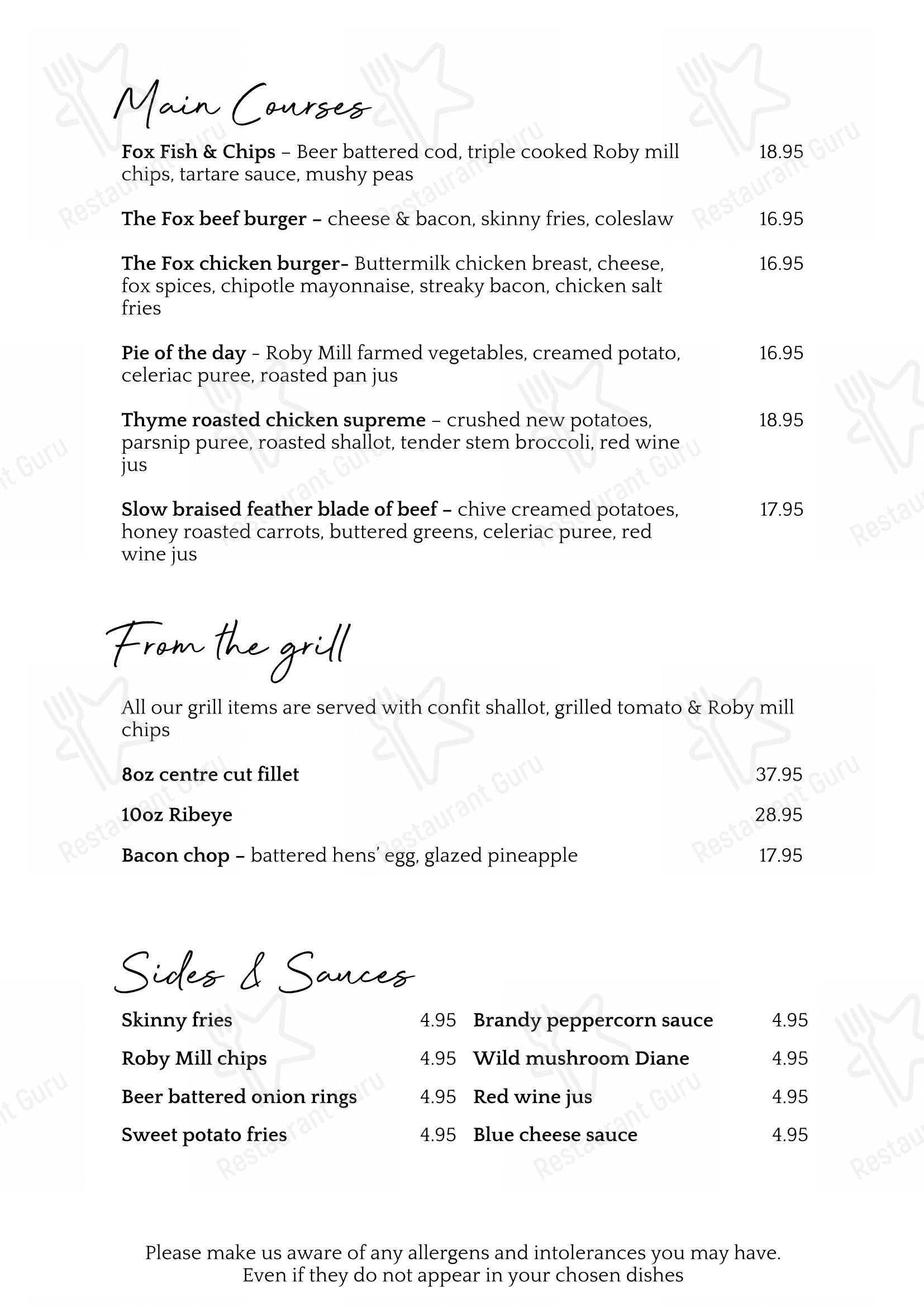 Menu at The Fox at Roby Mill pub & bar, Skelmersdale
