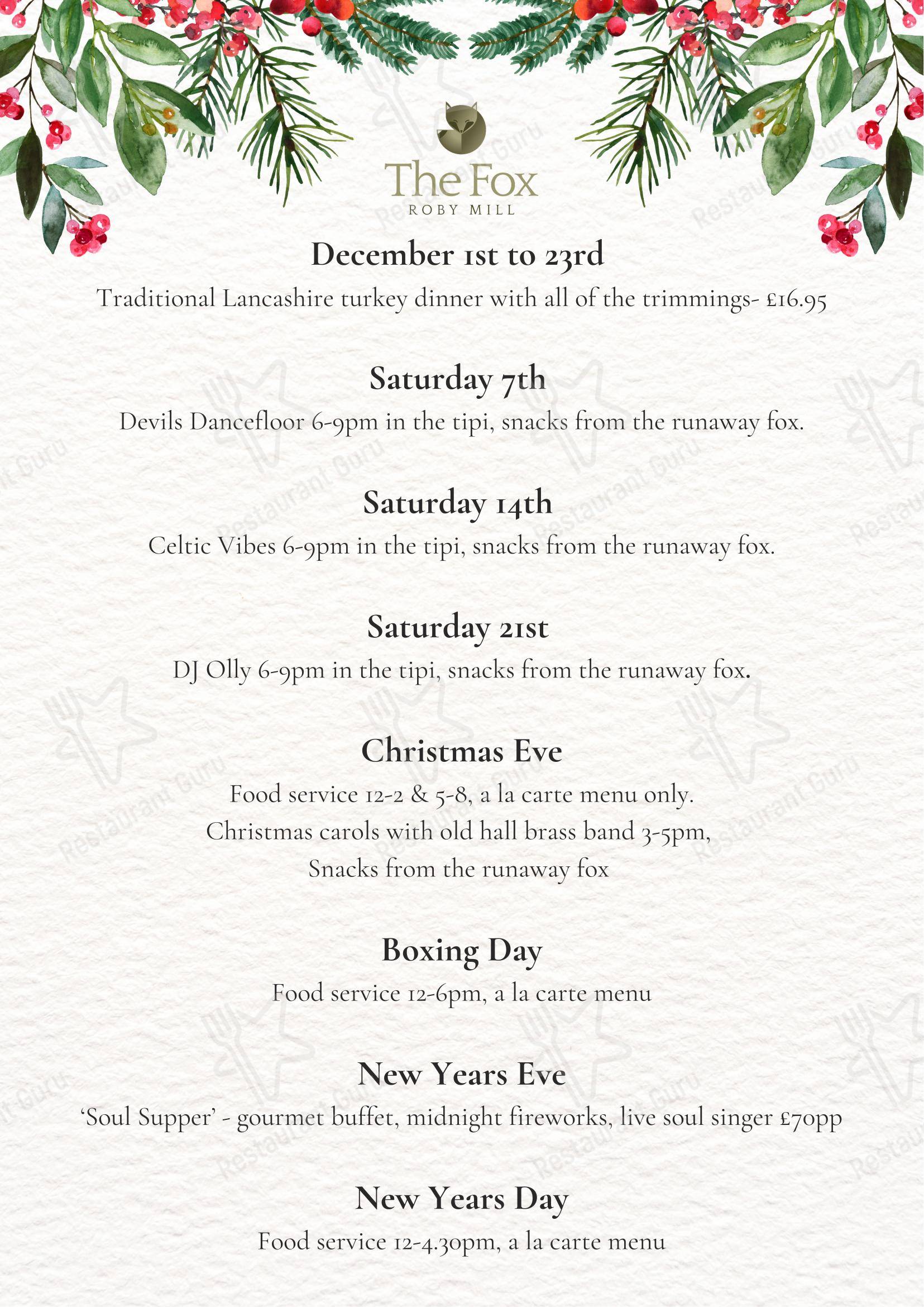 Menu at The Fox at Roby Mill pub & bar, Skelmersdale