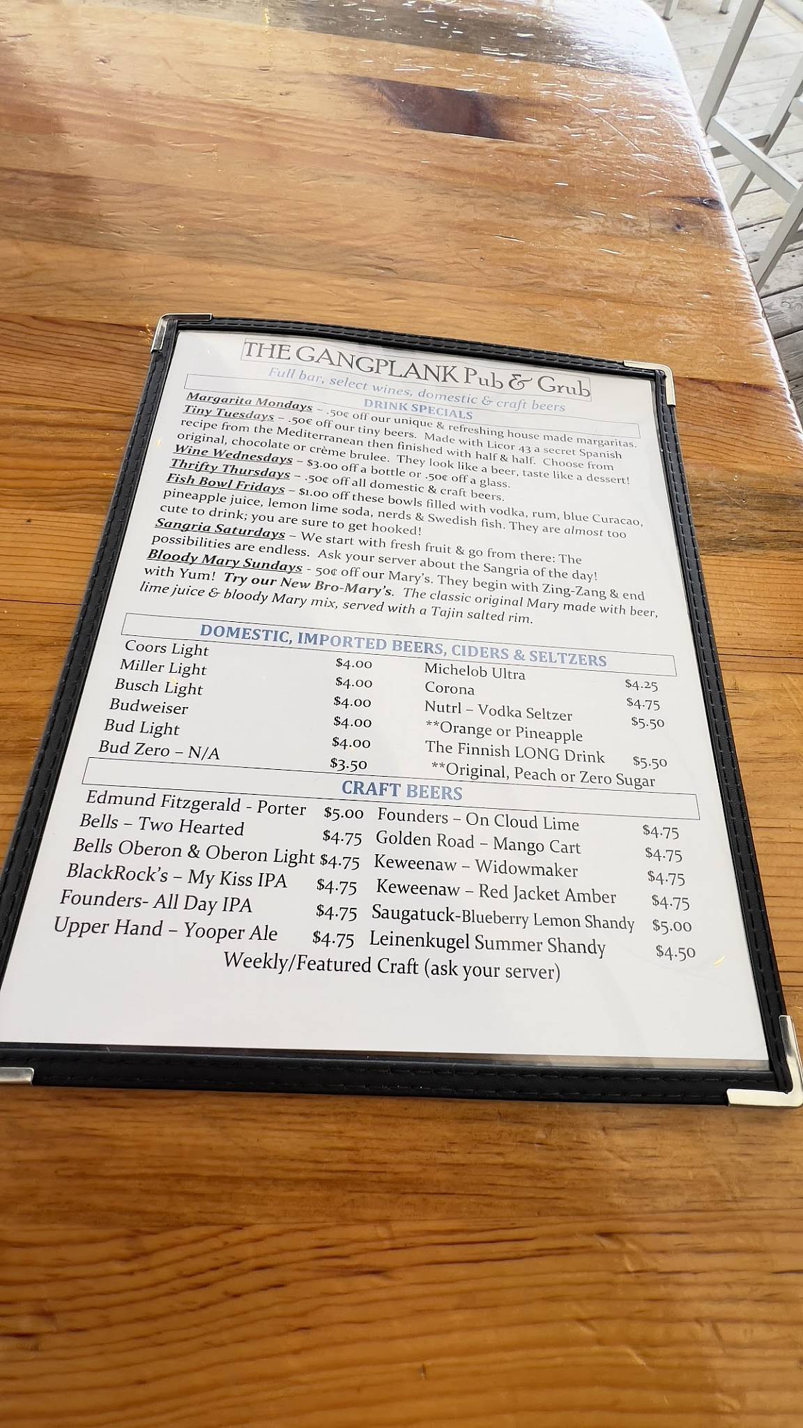 Menu at The Gangplank pub & bar, Saint Ignace