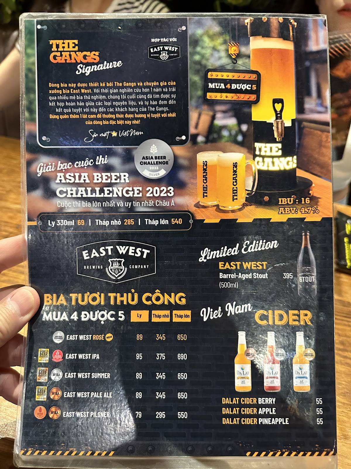 Menu at The Gangs Central restaurant, Ho Chi Minh City