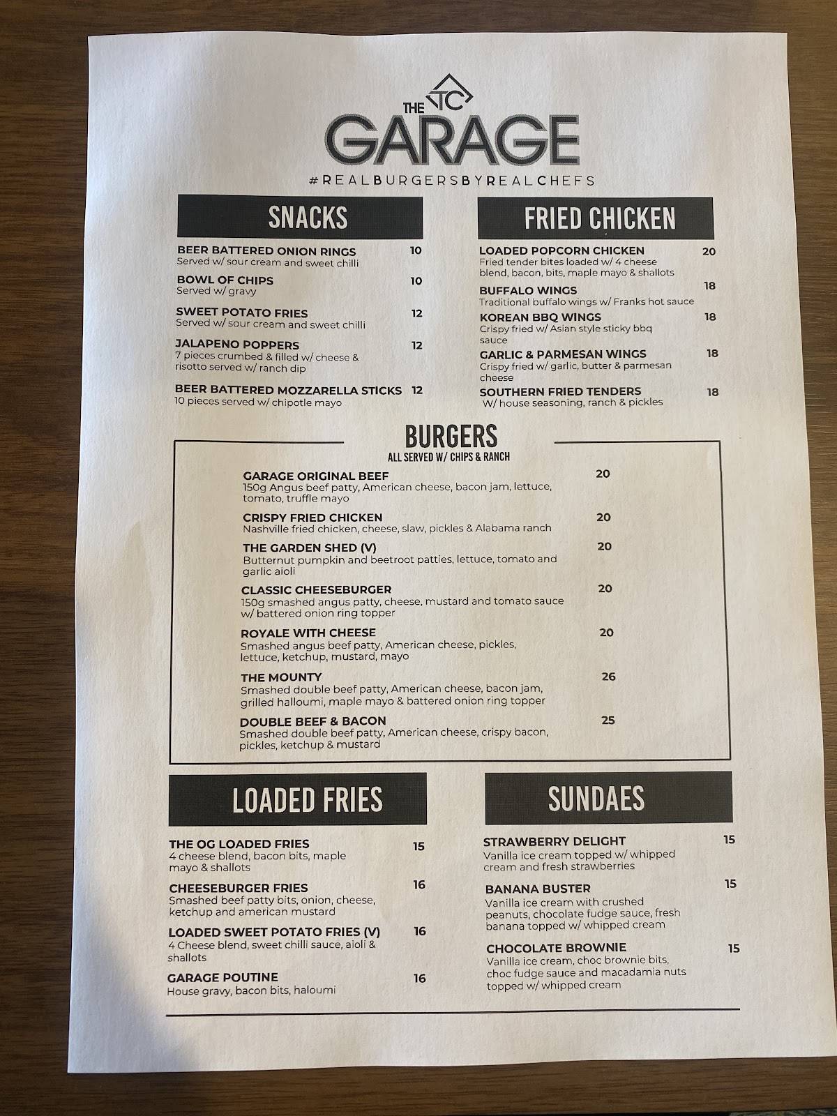 Menu at The Garage restaurant, Thuringowa Central