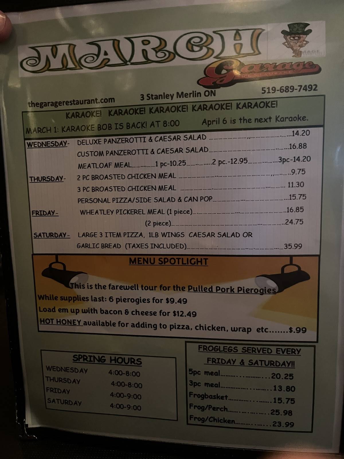 Menu at The Garage restaurant, Merlin