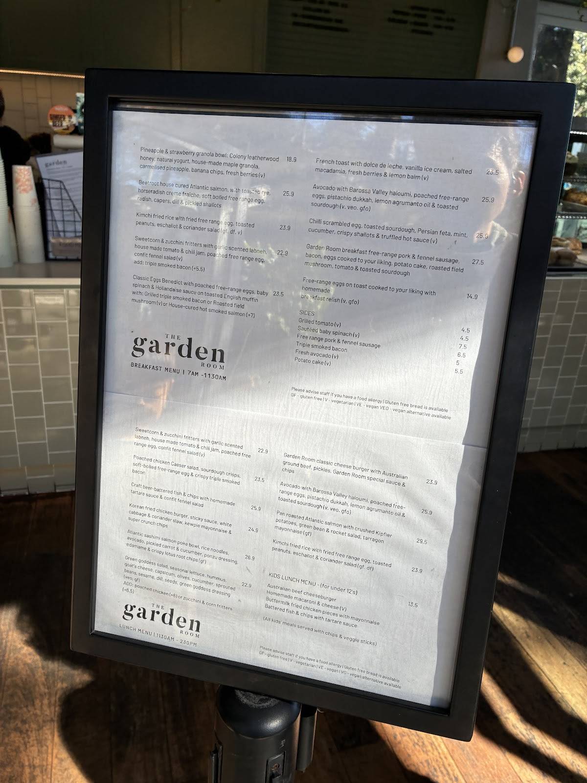 Menu at The Garden Room cafe, Brisbane City, 1 Parkland Blvd