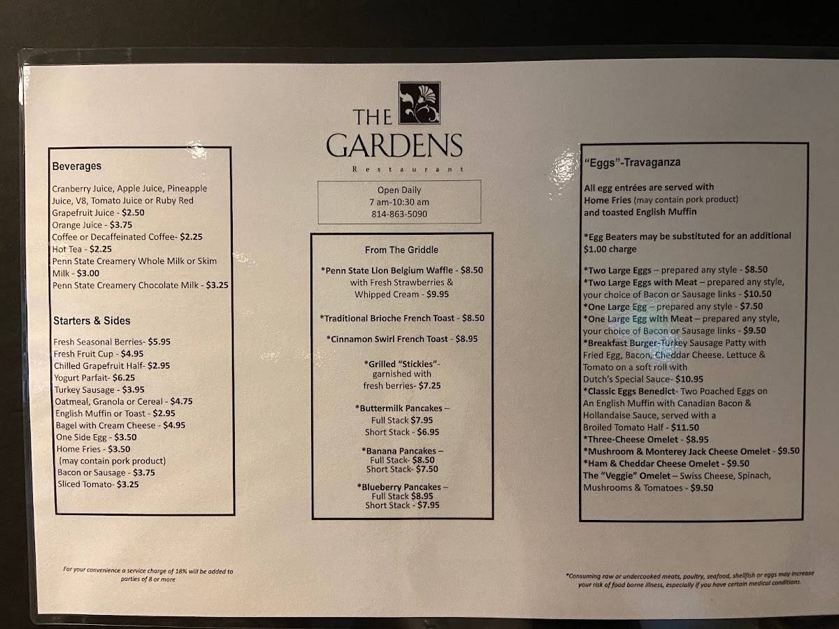 Menu at The Gardens Restaurant, State College