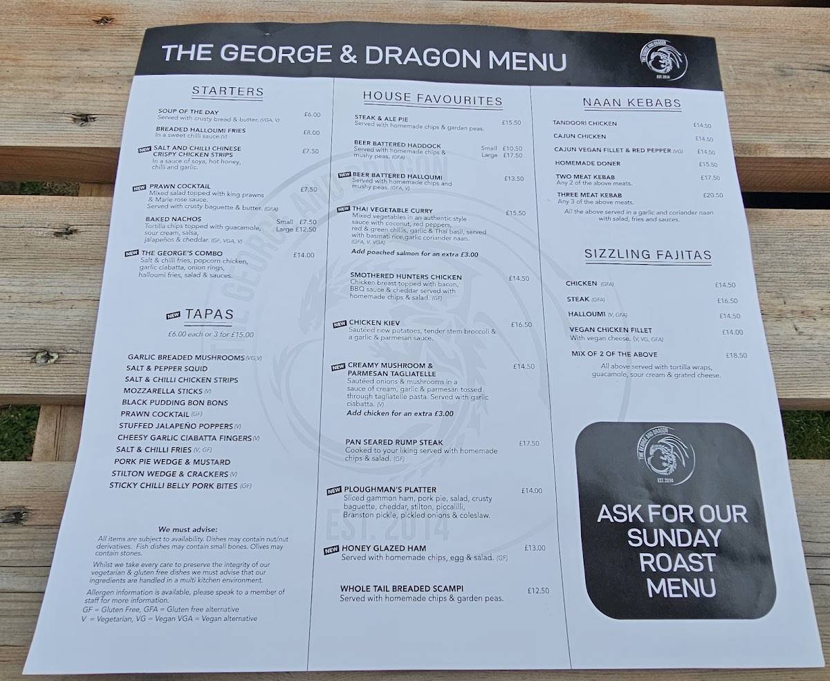 Menu at The George & Dragon restaurant, Coalville