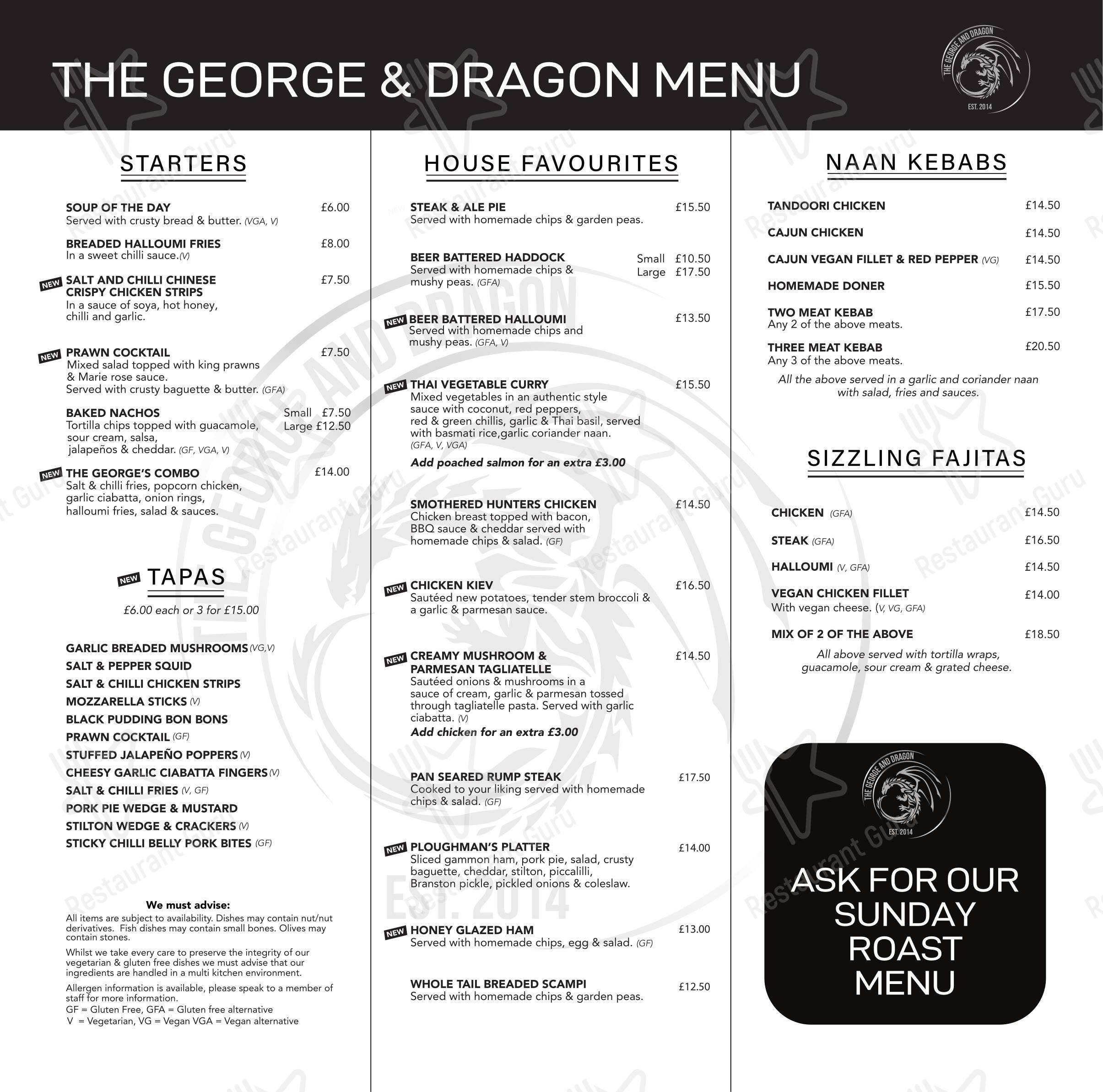 Menu at The George & Dragon restaurant, Coalville