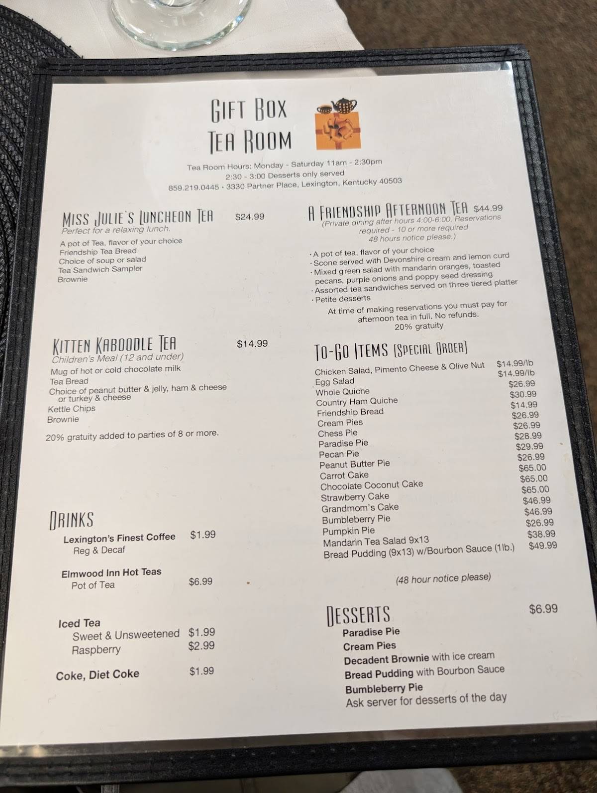 Menu at The Gift Box & Tea Room cafe, Lexington