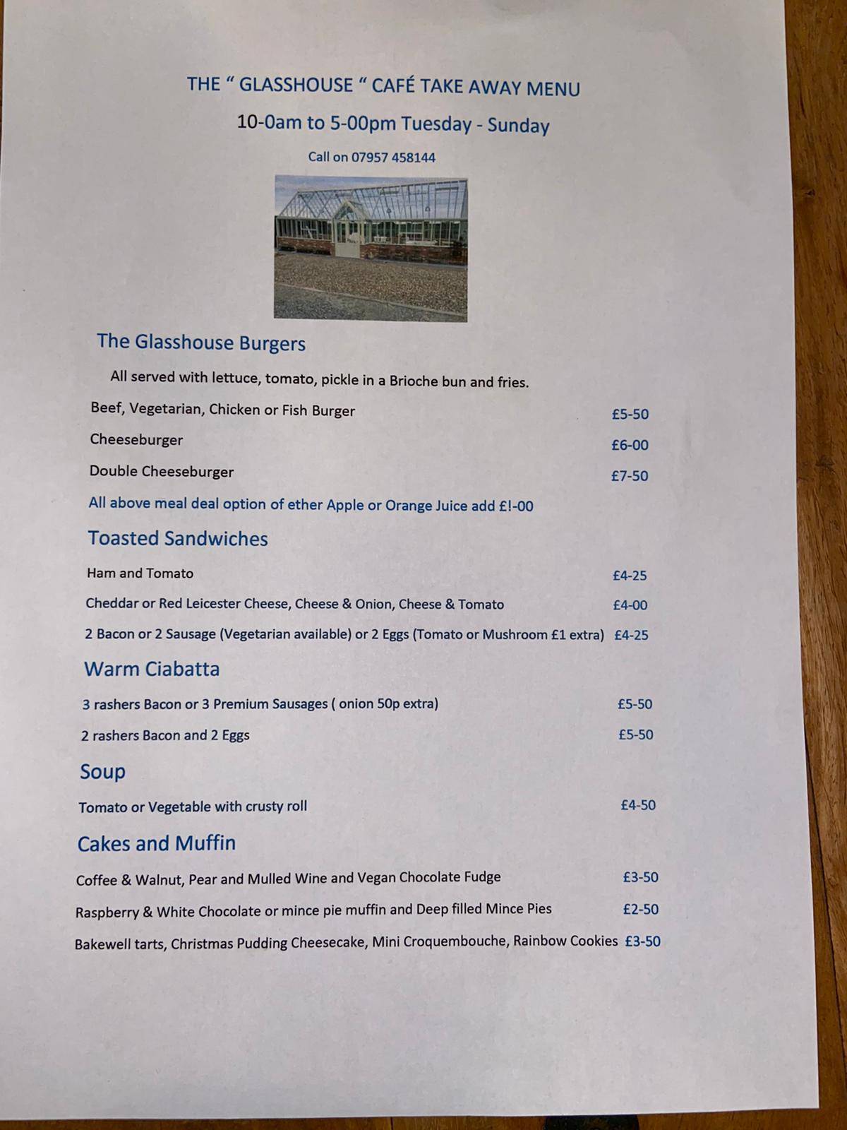 Menu at The Glasshouse Cafe Peldon, Colchester
