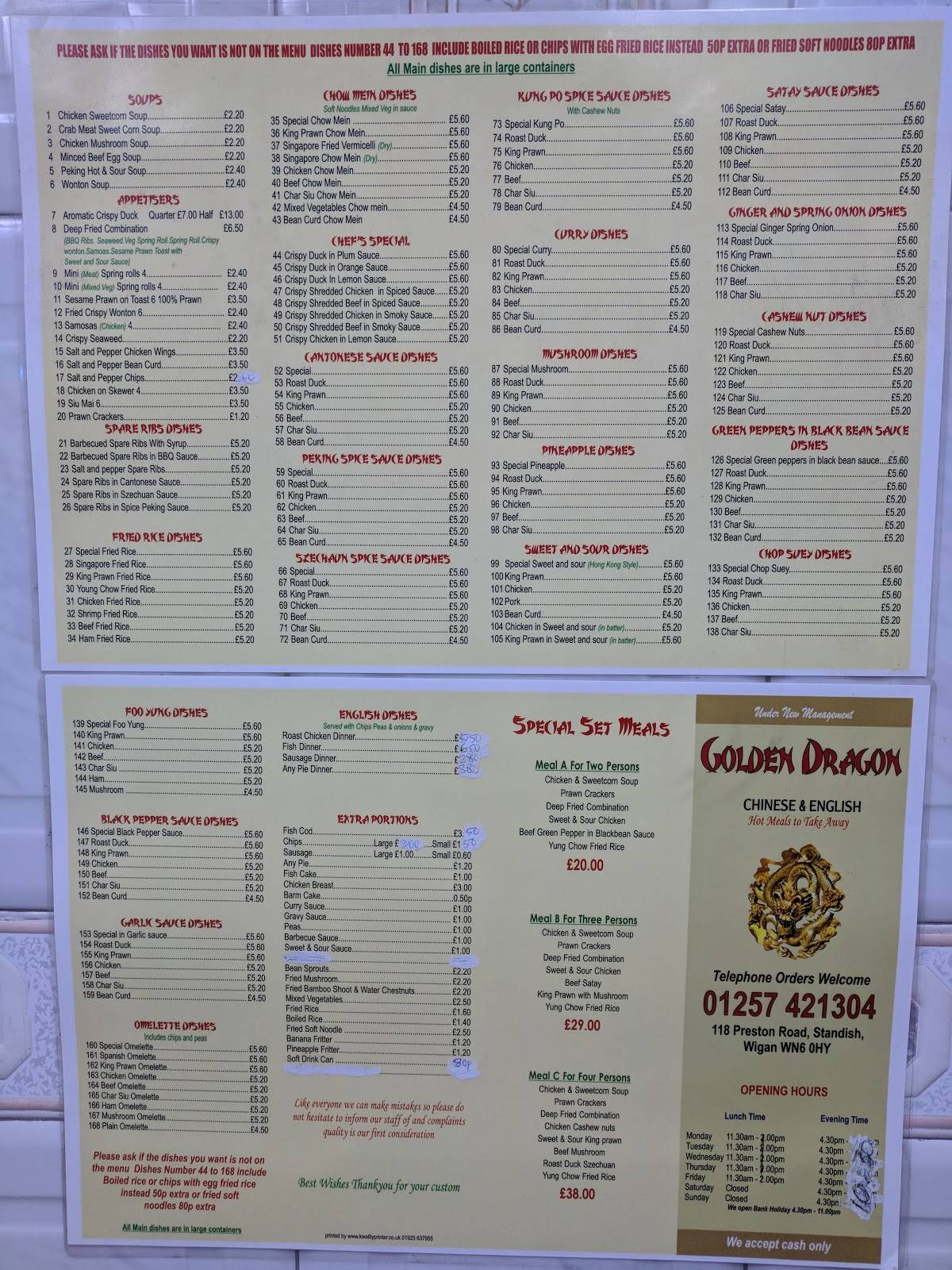 Menu at The Golden Dragon fast food, Wigan, 116-118 Preston Rd