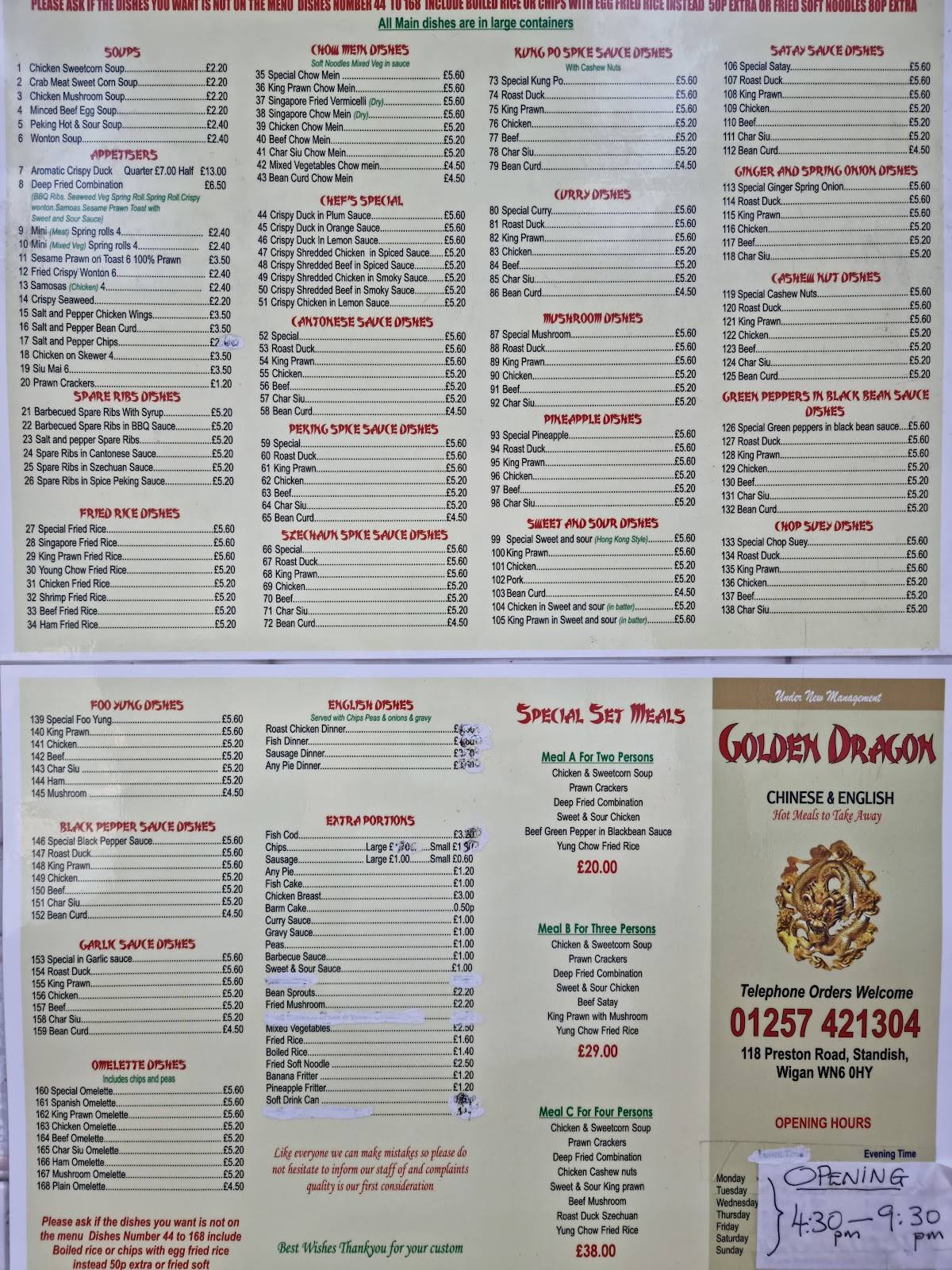 Menu at The Golden Dragon fast food, Wigan, 116-118 Preston Rd