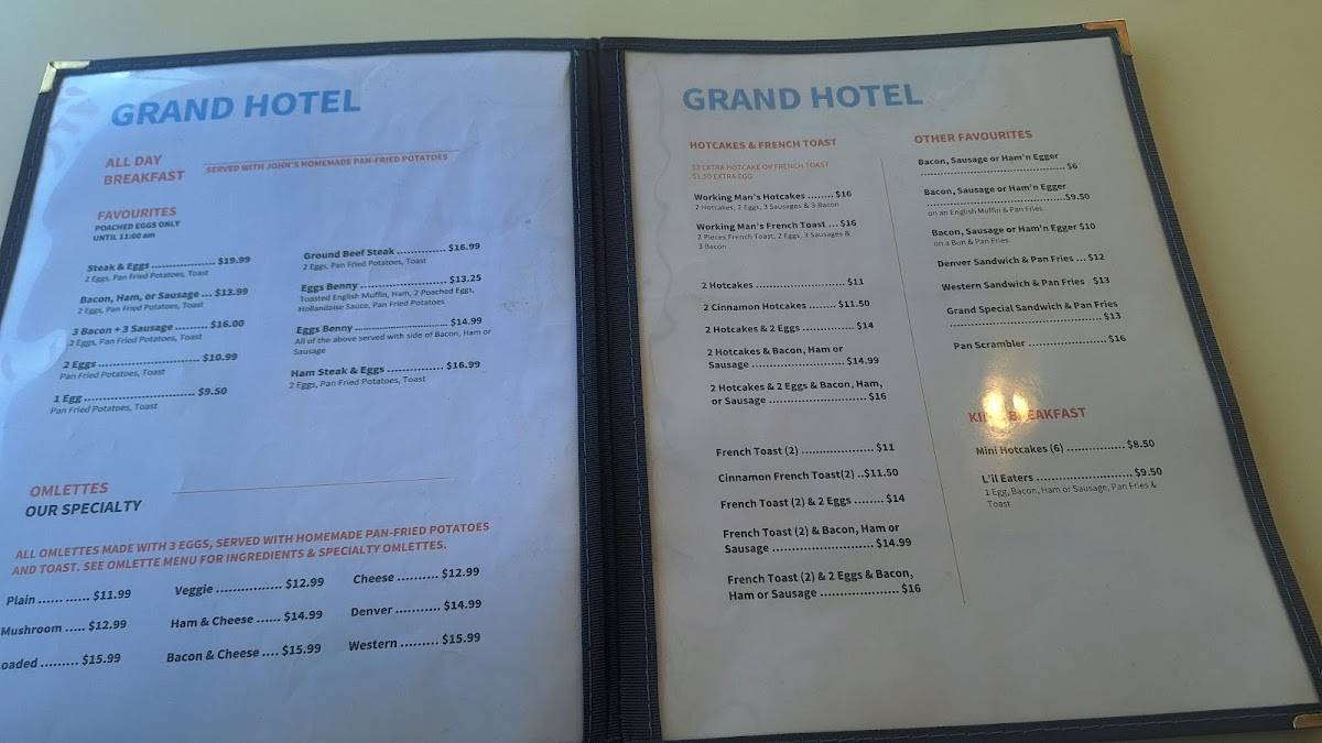 Menu at The Grand Hotel restaurant, Rimbey