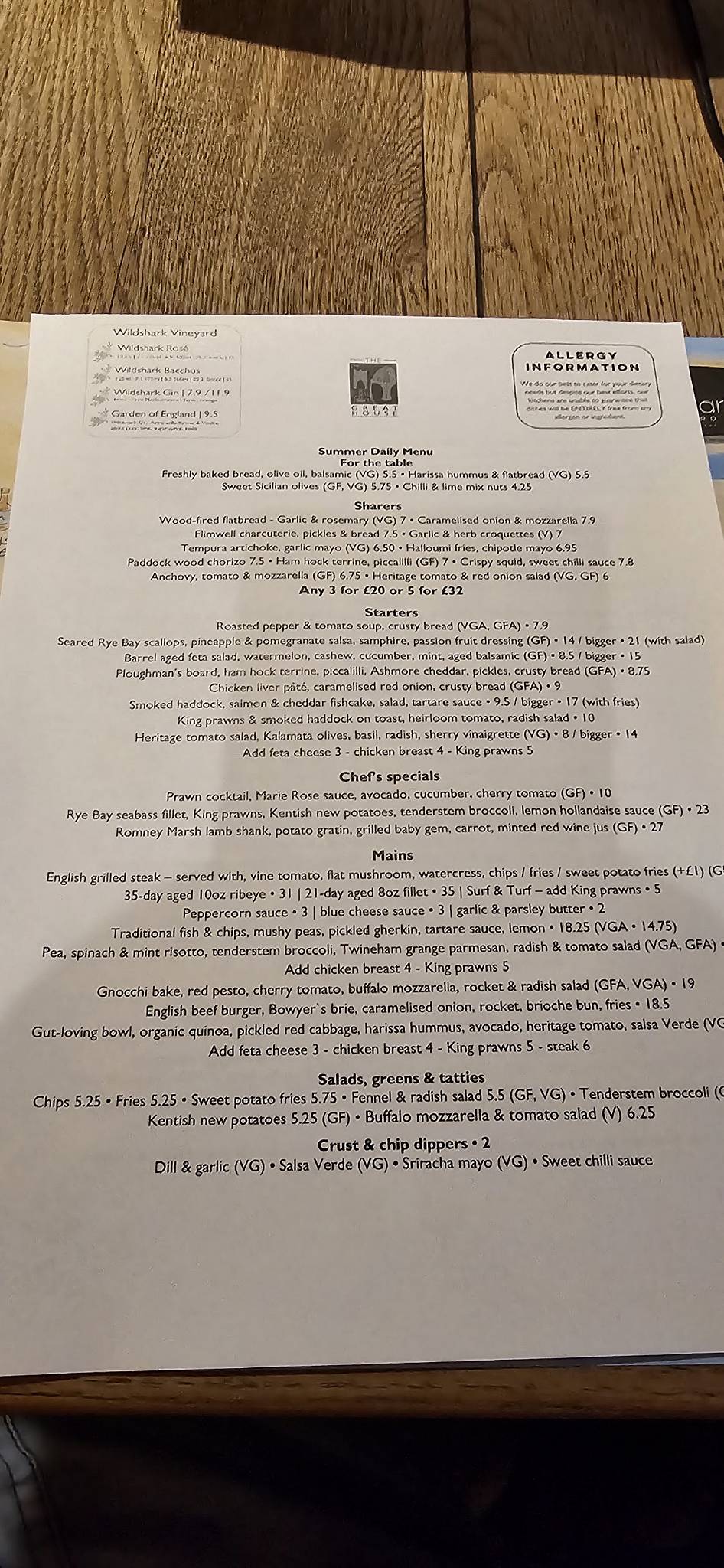 Menu at The Great House pub & bar, Hawkhurst