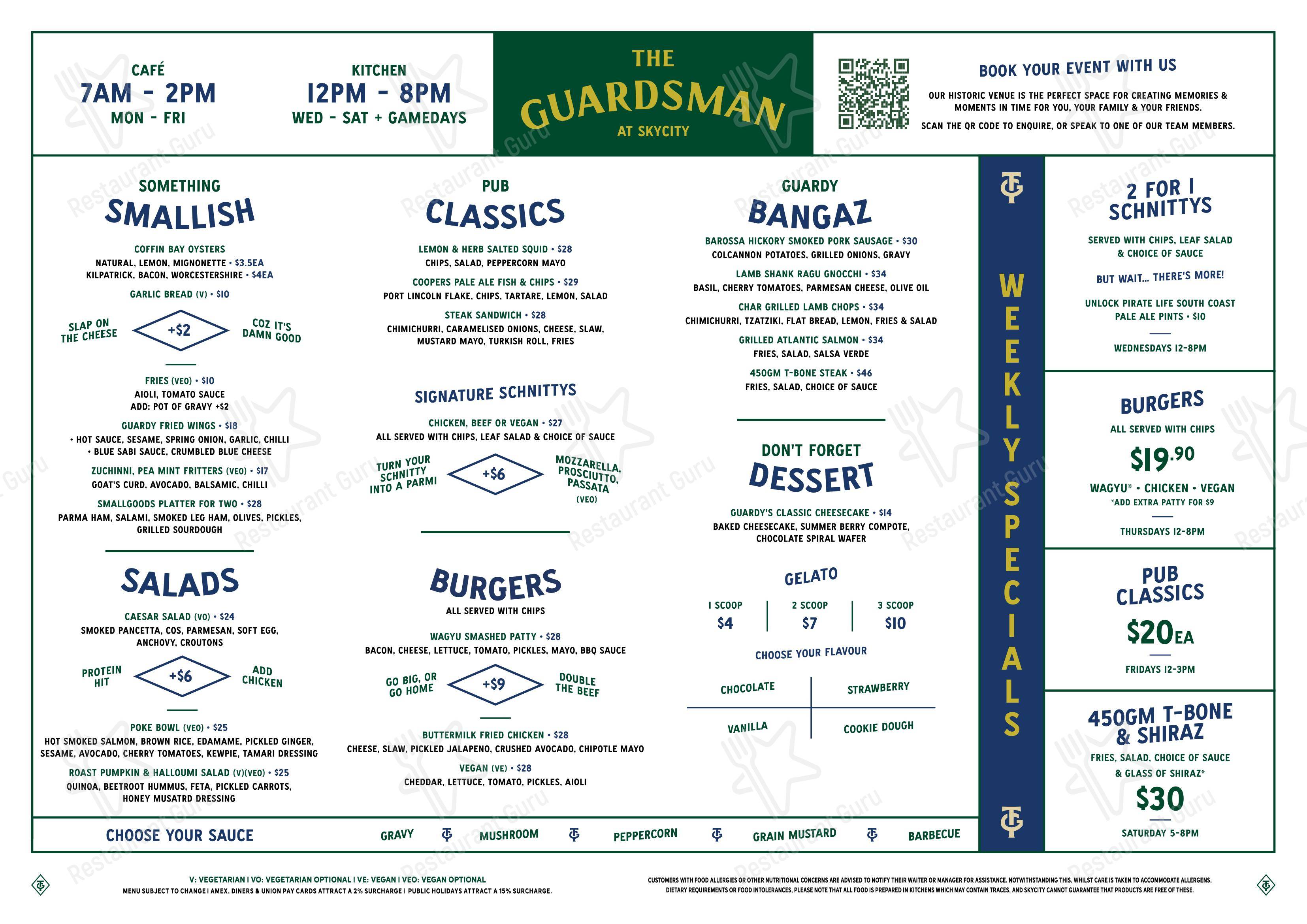 Menu at The Guardsman cafe, Adelaide