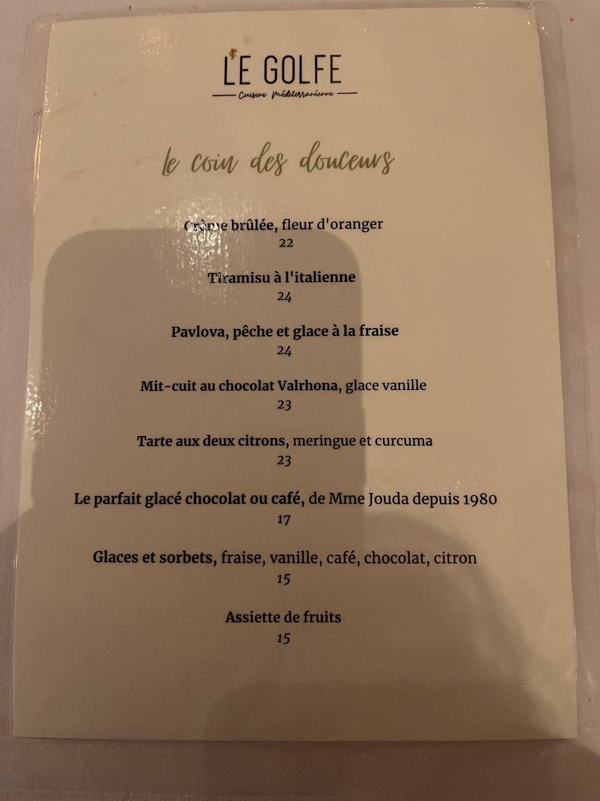 Menu au Le Golfe restaurant, Tunis