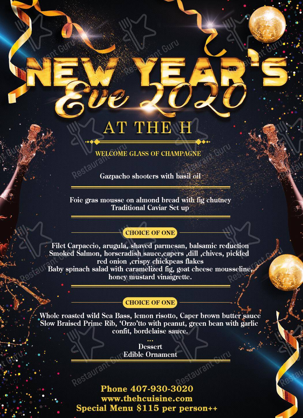 Menu at The H Orlando steakhouse, Orlando, Dr Phillips Blvd Suite 80