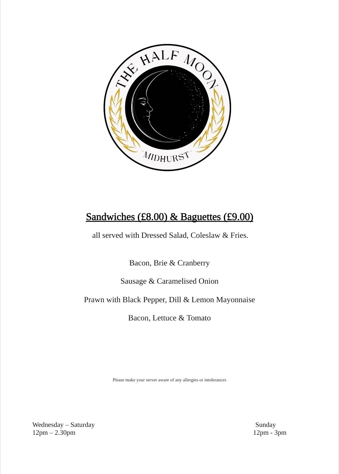 Menu at The Half Moon pub & bar, Midhurst