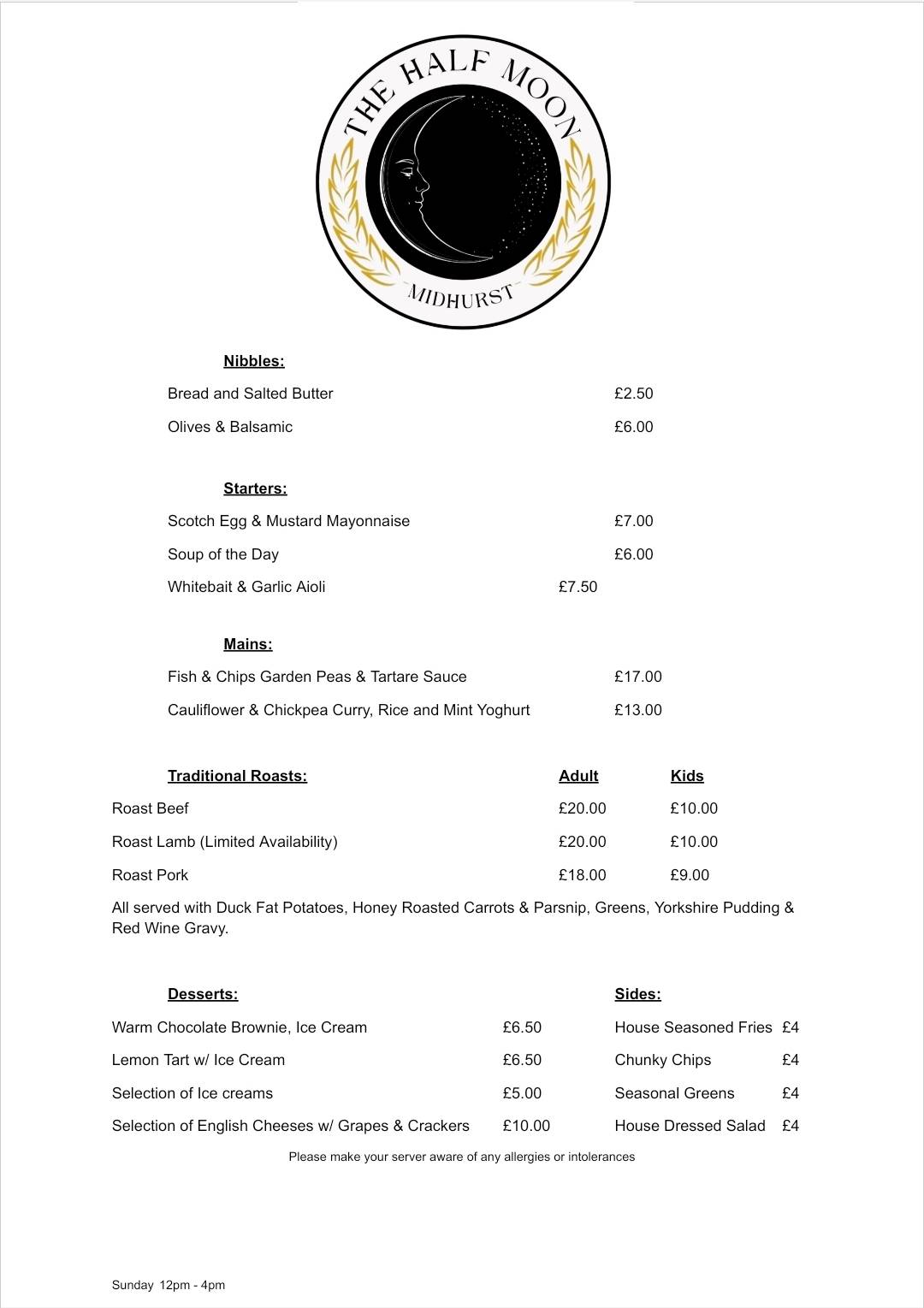 Menu at The Half Moon pub & bar, Midhurst