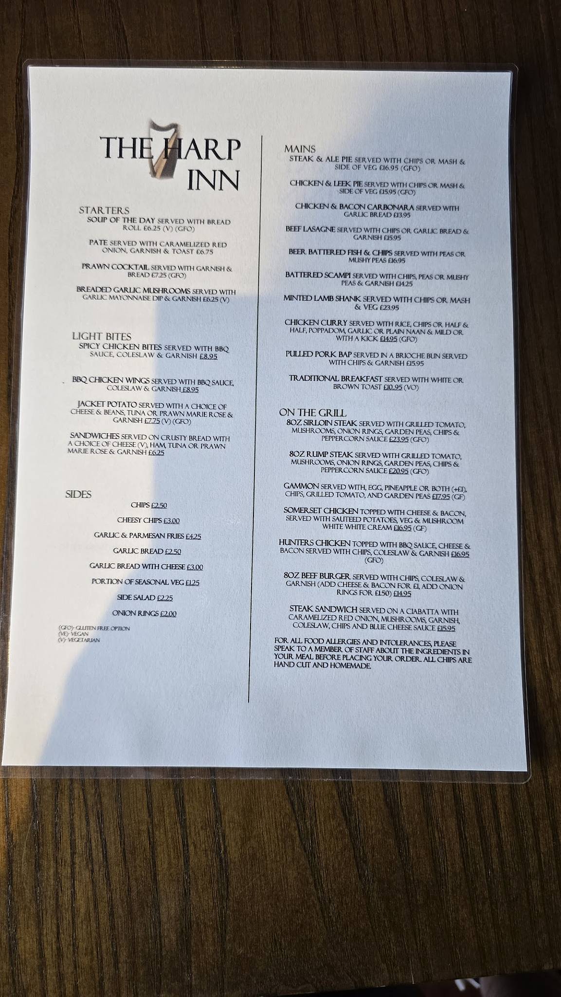Menu at The Harp Inn pub & bar, Abergele