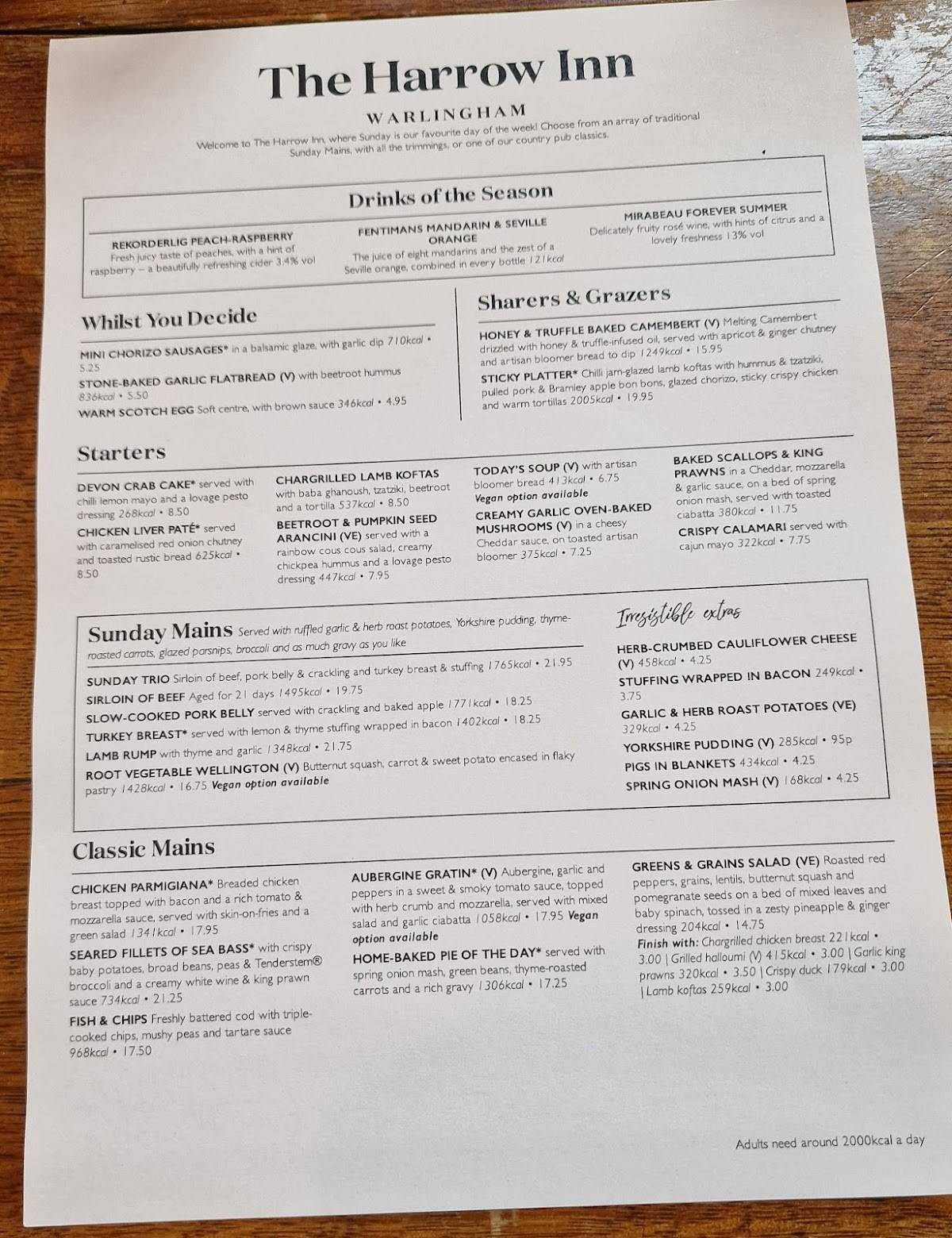 Menu at The Harrow Inn pub & bar, Warlingham, Surrey