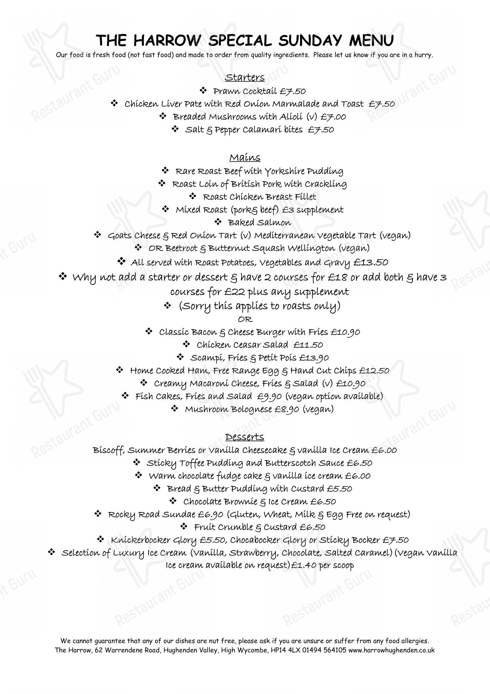 Menu at The Harrow pub & bar, High Wycombe