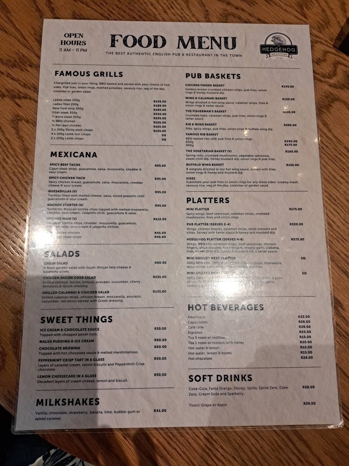 Menu at The Hedgehog Bar & Kitchen, Pietermaritzburg