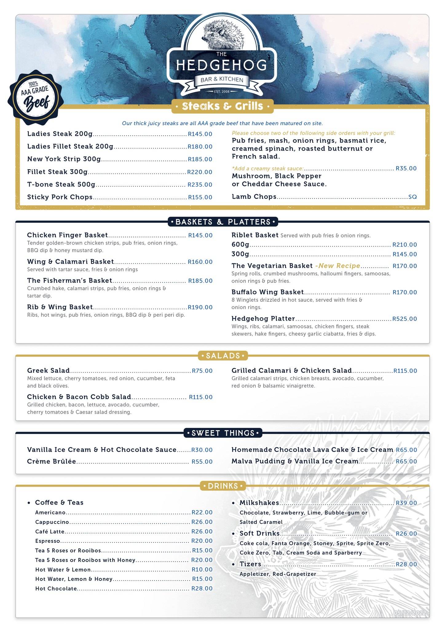 Menu at The Hedgehog Bar & Kitchen, Pietermaritzburg