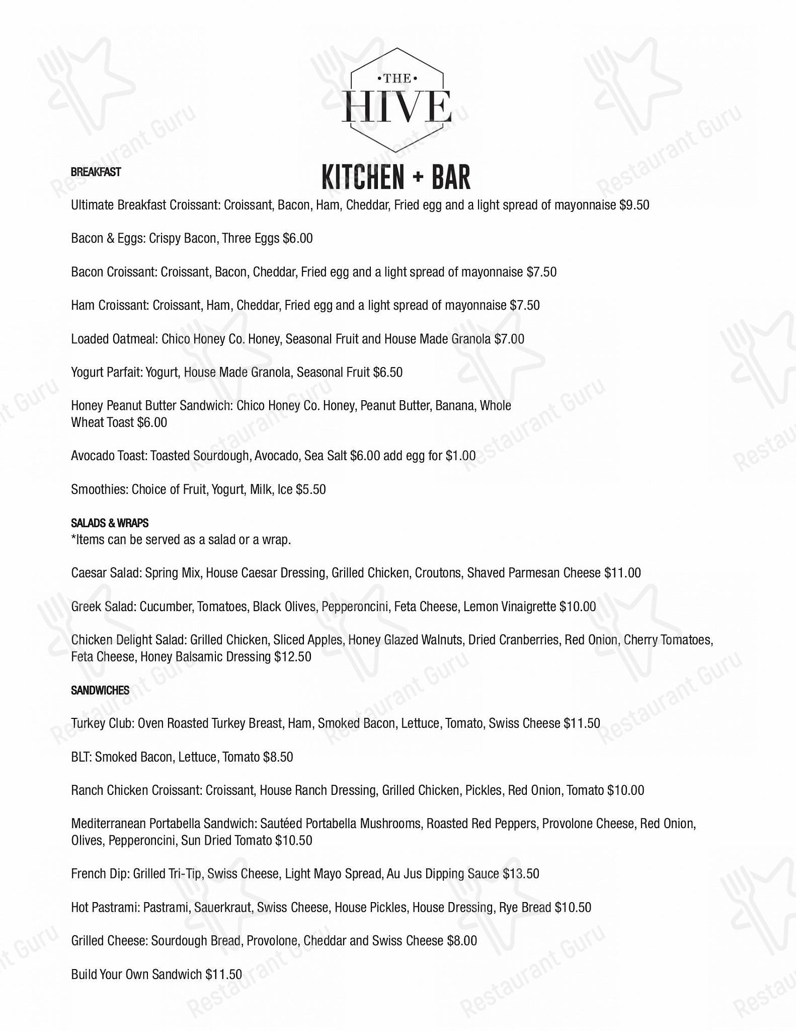 Menu at the Hive pub & bar, Greenville