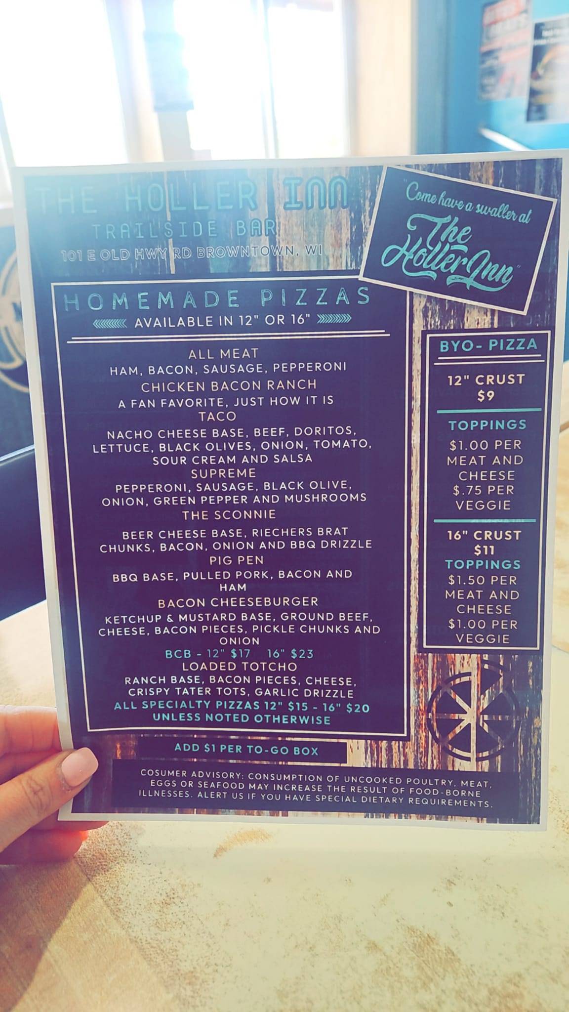 Menu at The Holler Inn pub & bar, Browntown