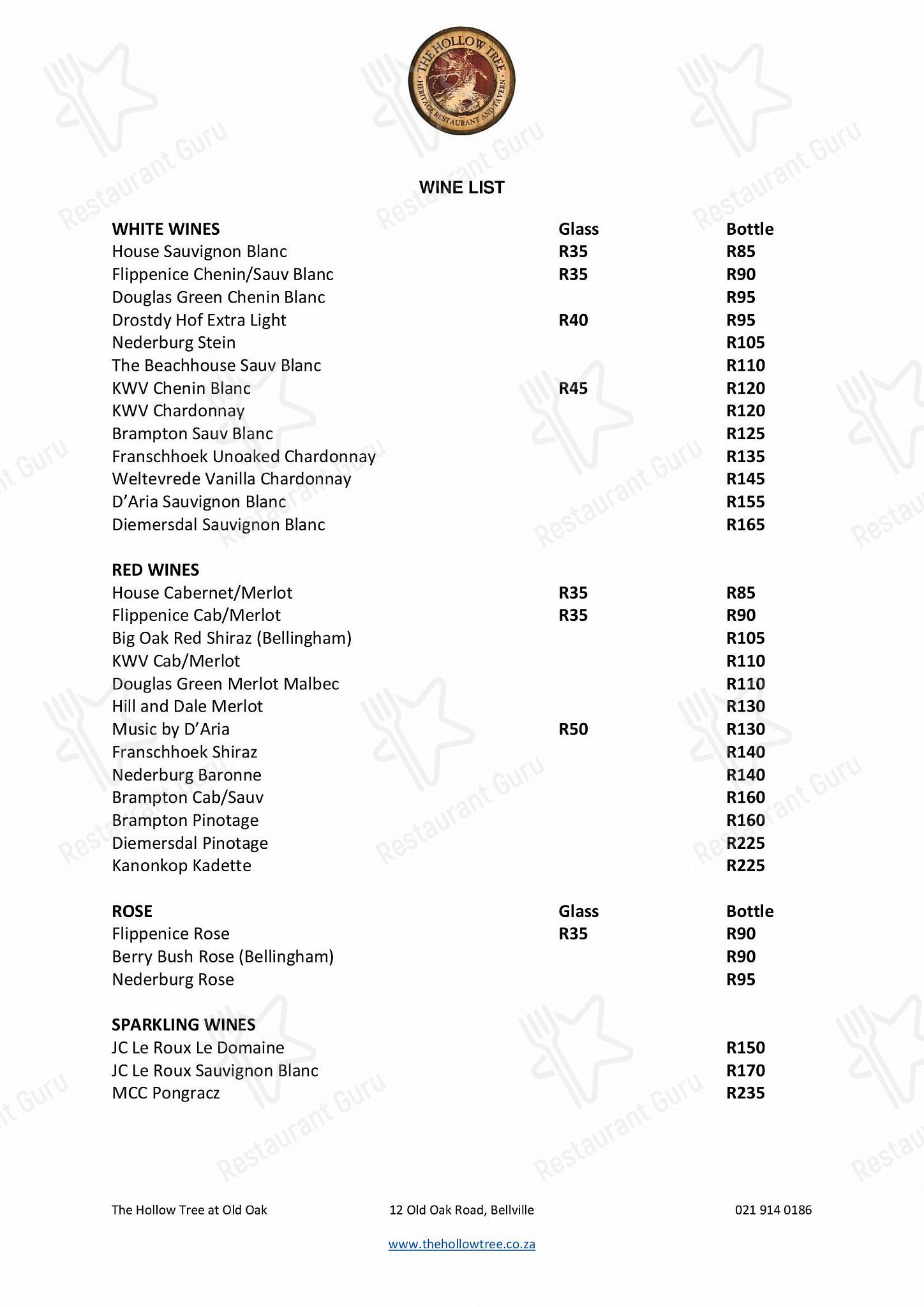 Menu at The Hollow Tree at Old Oak restaurant, Cape Town, 12 Old Oak Rd