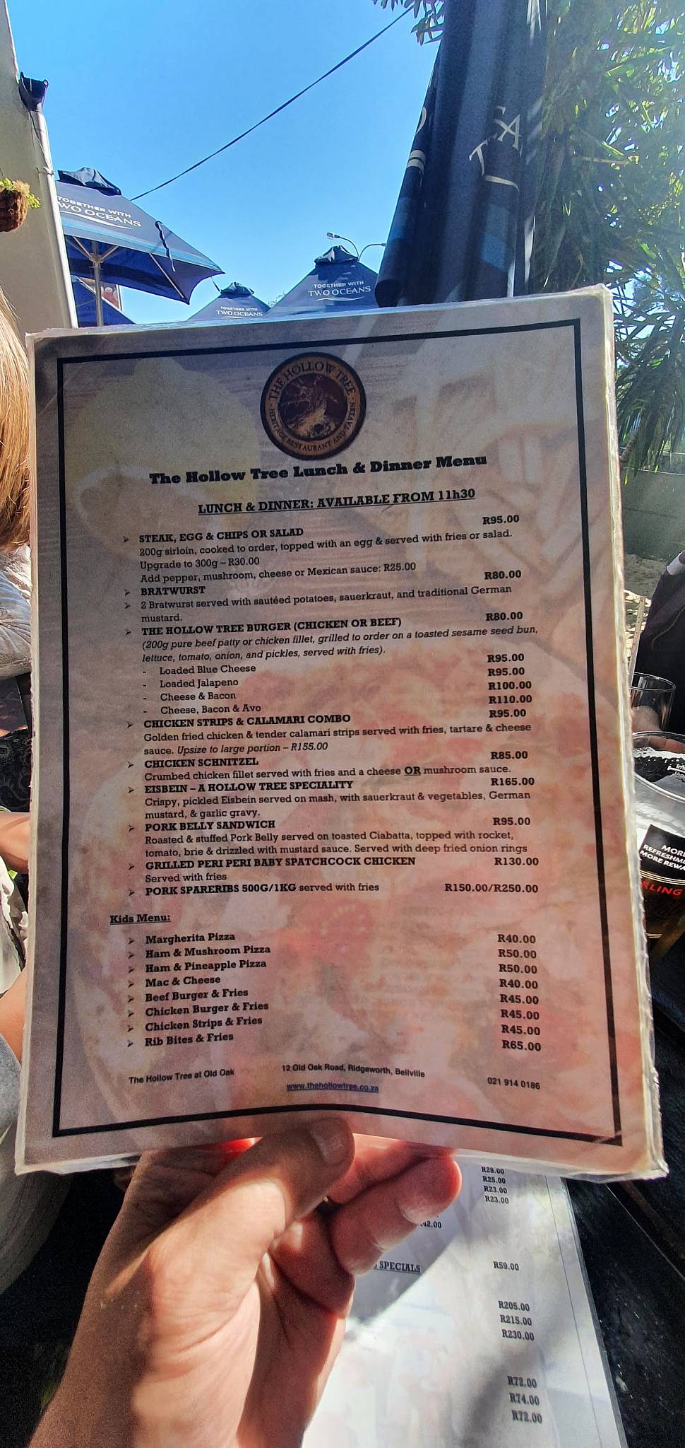 Menu at The Hollow Tree at Old Oak restaurant, Cape Town, 12 Old Oak Rd