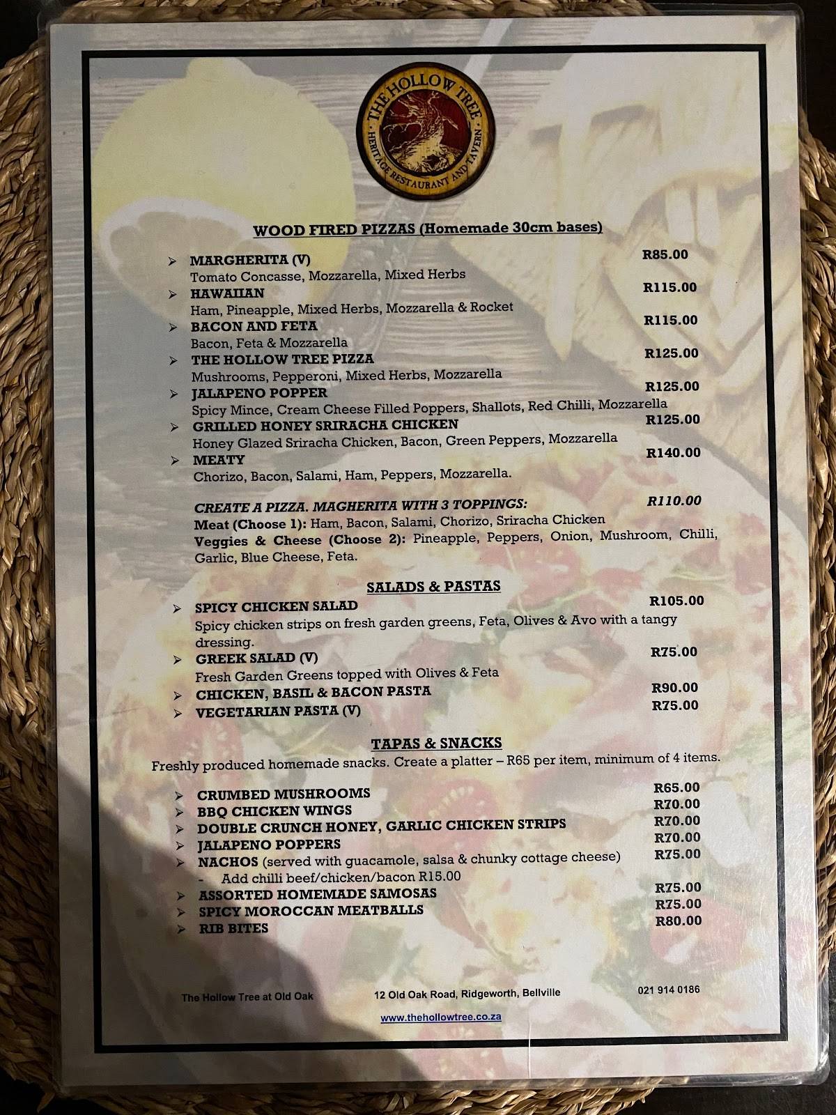 Menu at The Hollow Tree at Old Oak restaurant, Cape Town, 12 Old Oak Rd