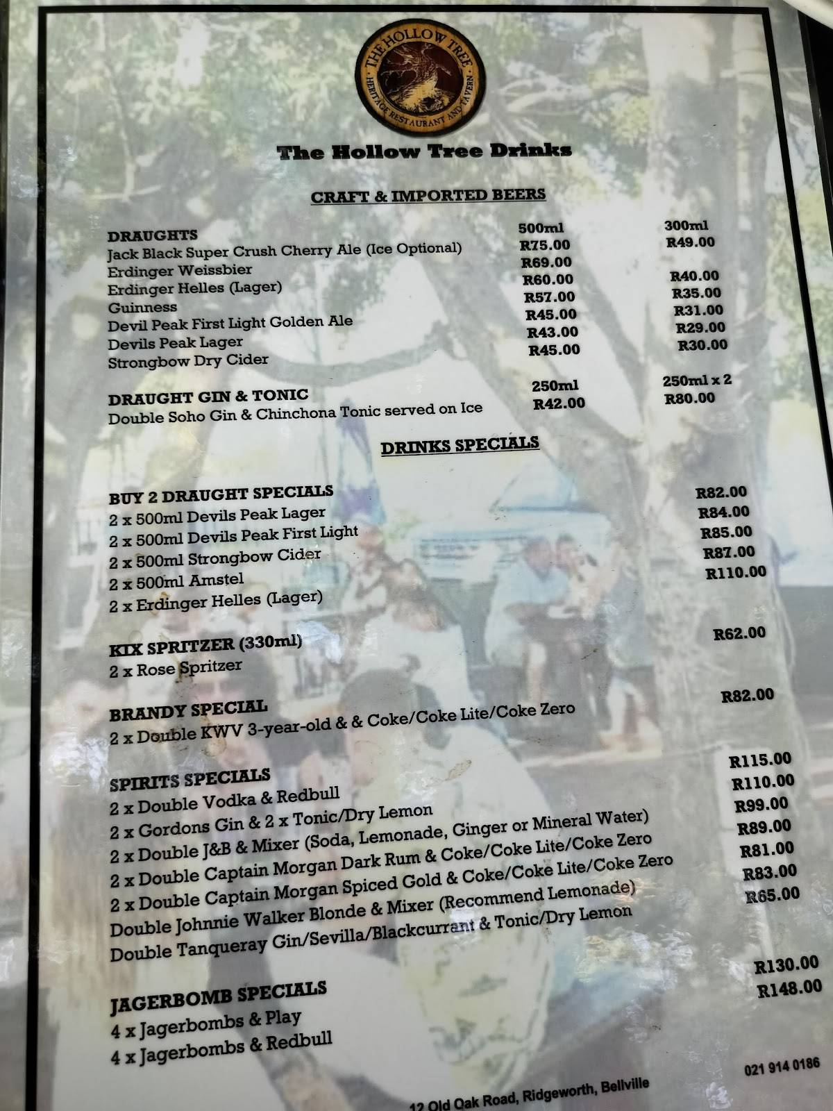 Menu at The Hollow Tree at Old Oak restaurant, Cape Town, 12 Old Oak Rd