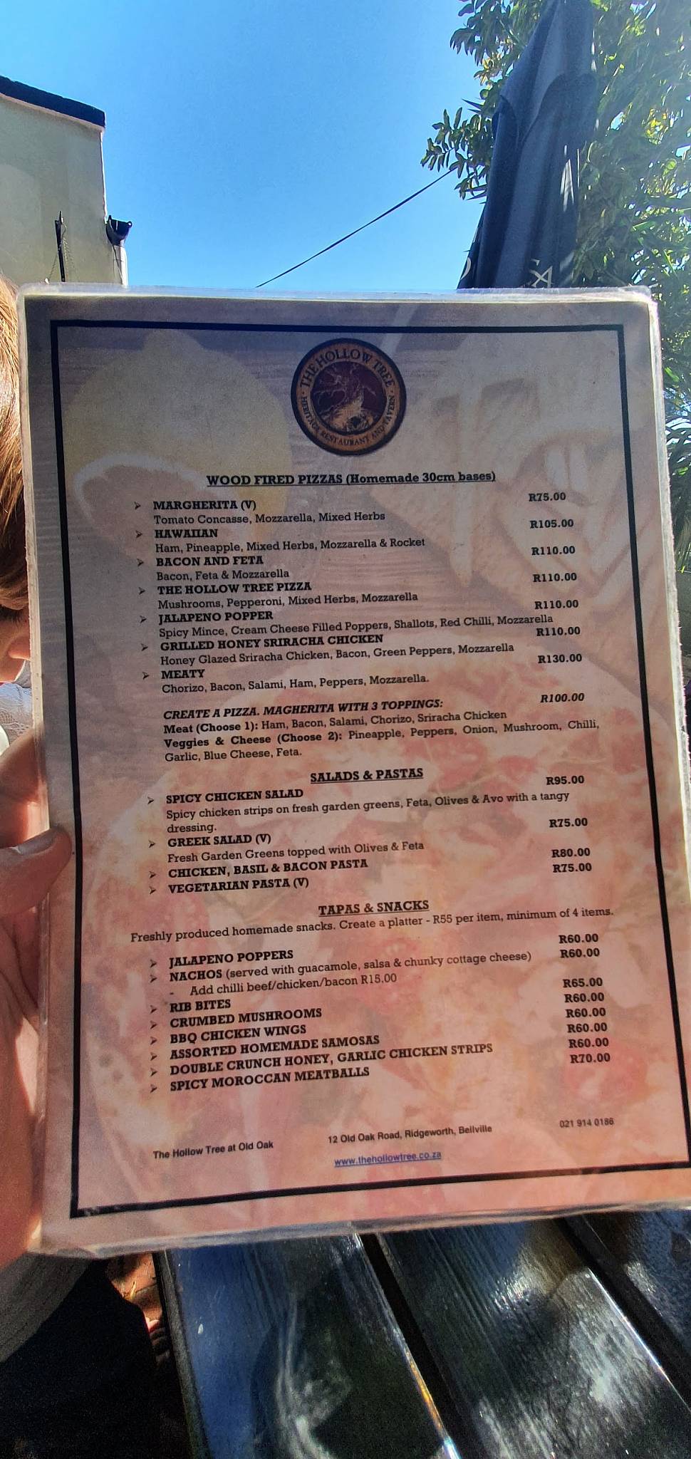 Menu at The Hollow Tree at Old Oak restaurant, Cape Town, 12 Old Oak Rd