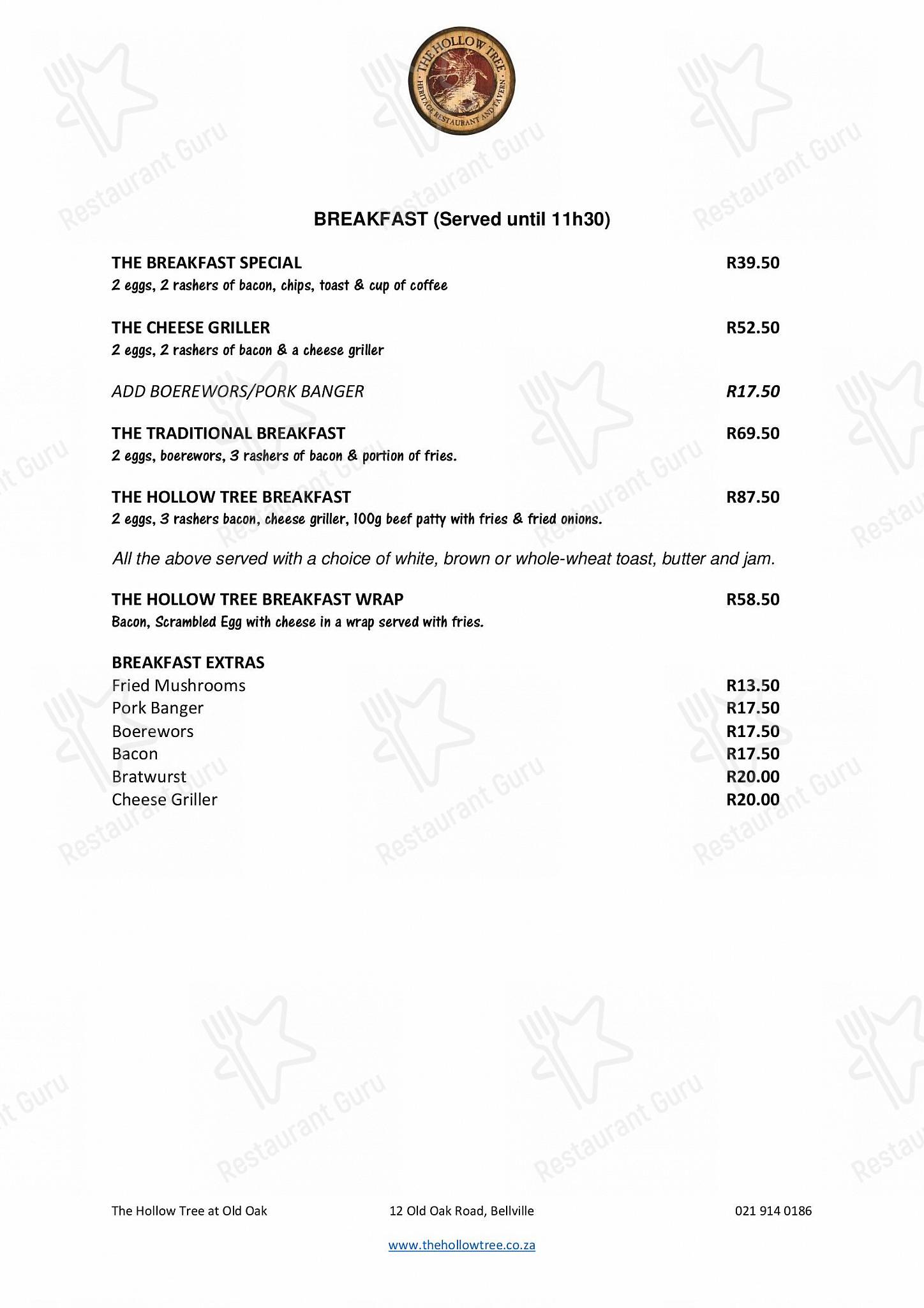 Menu at The Hollow Tree at Old Oak restaurant, Cape Town, 12 Old Oak Rd