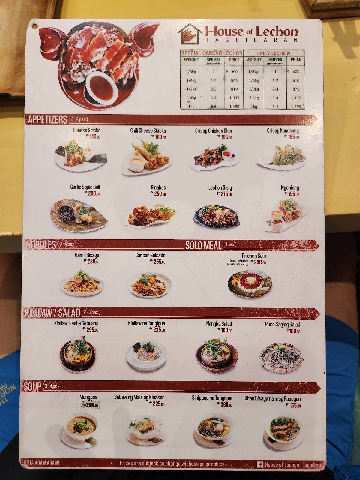 Menu at The House of Lechon restaurant, Tagbilaran City