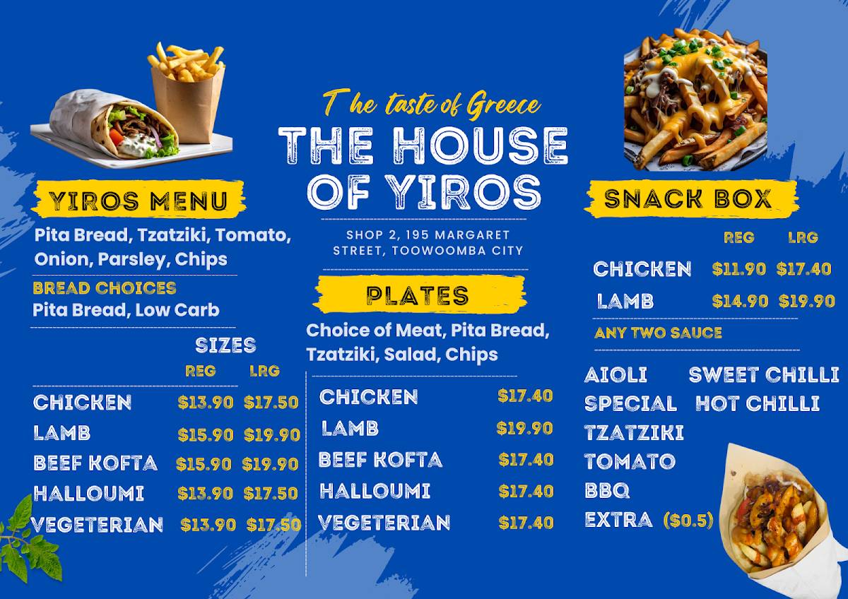 Menu at The House of Yiros restaurant, Toowoomba City