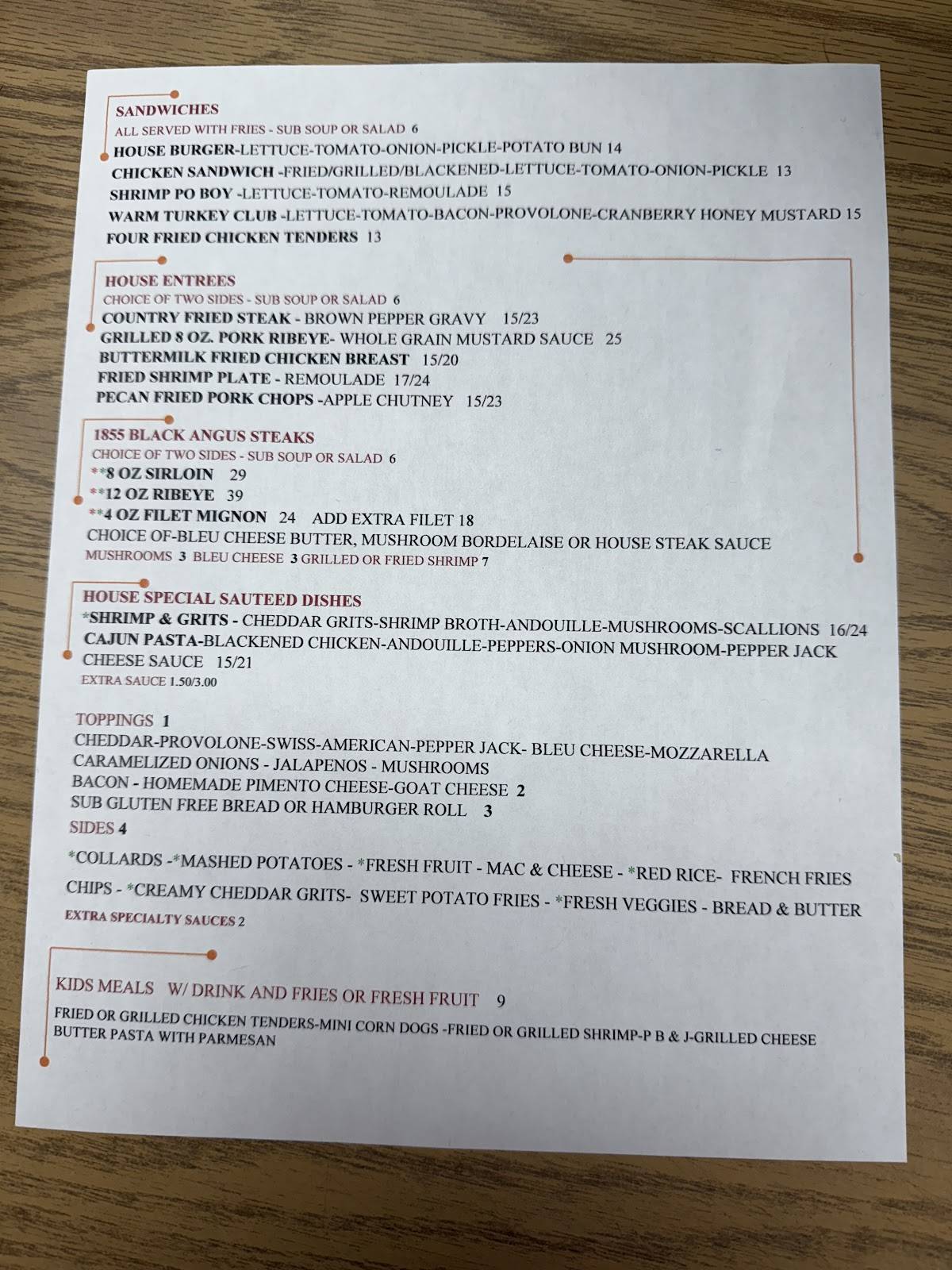 Menu at The Icehouse Restaurant, Summerville, 104 E Doty Ave