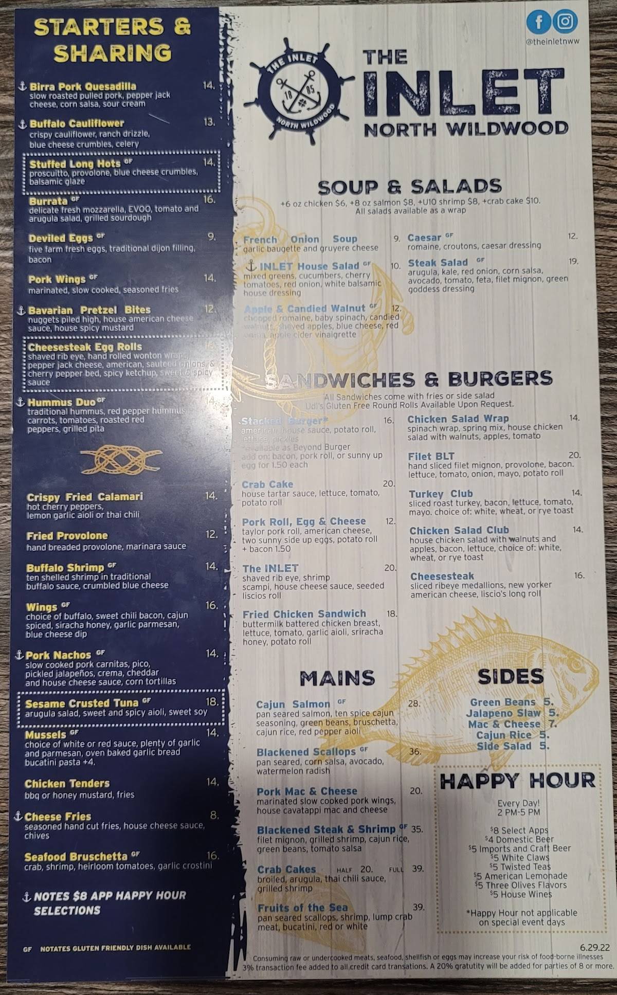 Menu at The Inlet North Wildwood restaurant, North Wildwood