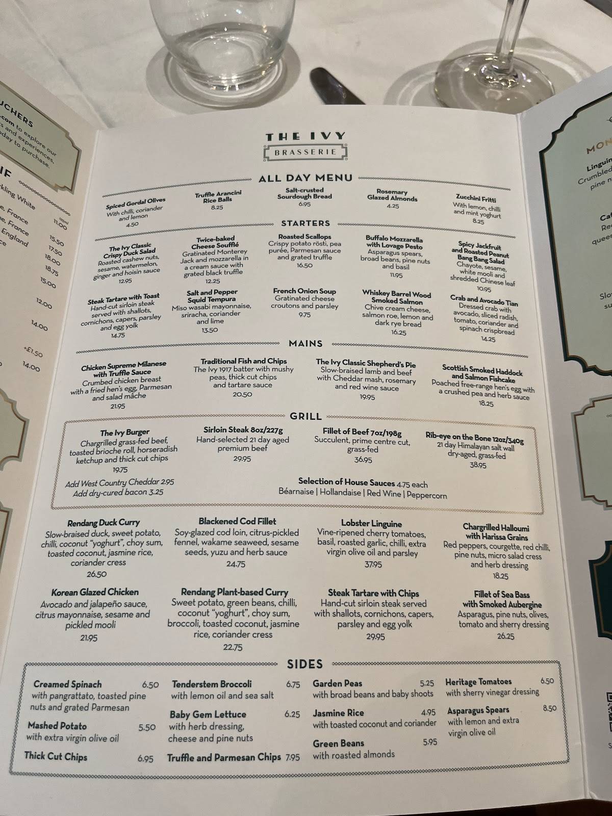 Menu at The Ivy Spinningfields Brasserie, Manchester restaurant, Manchester