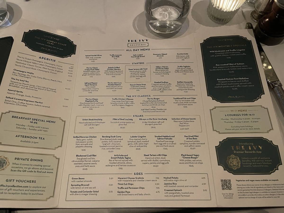 Menu at The Ivy Spinningfields Manchester restaurant, Manchester