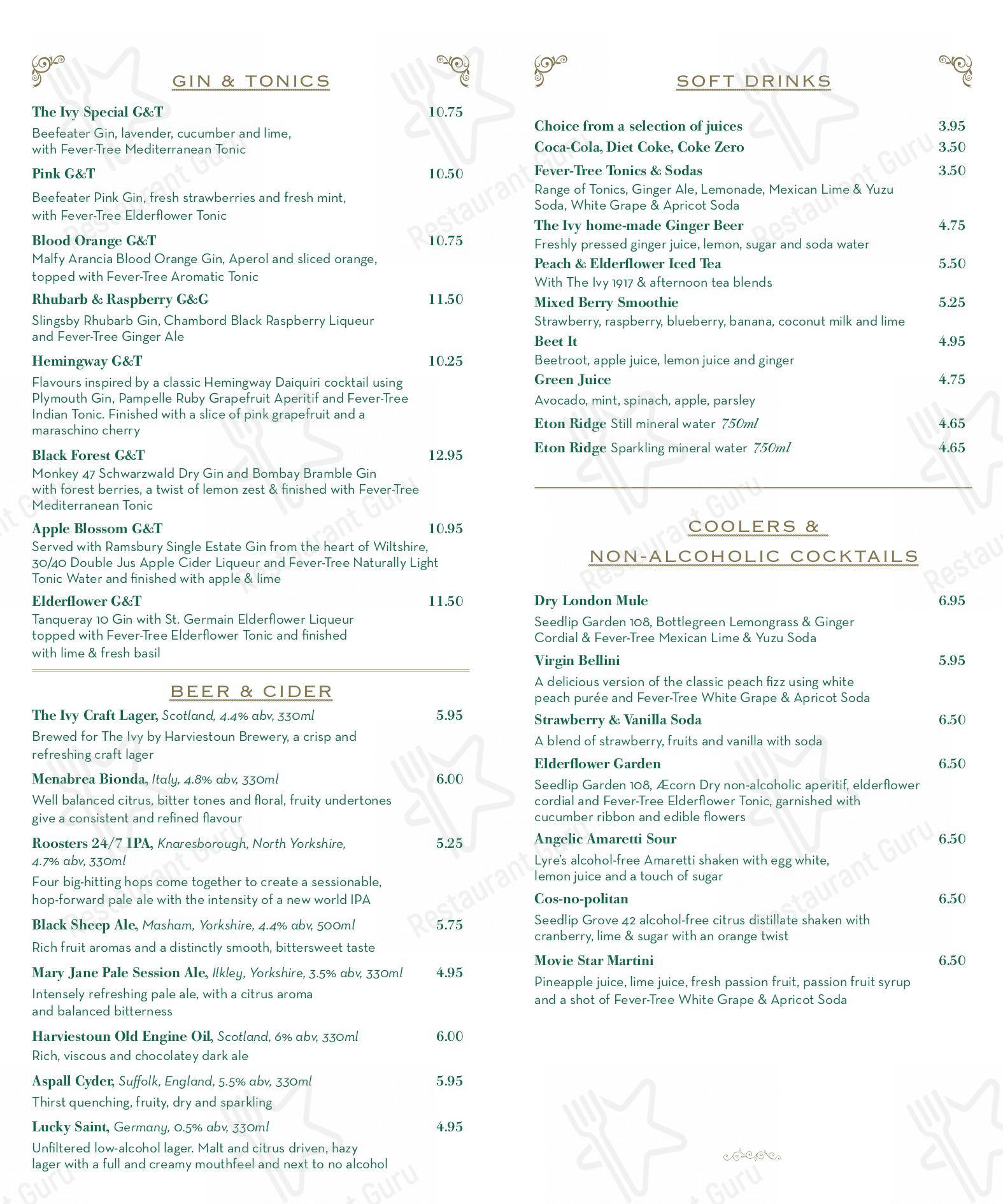 Menu at The Ivy Victoria Quarter Leeds restaurant, Leeds
