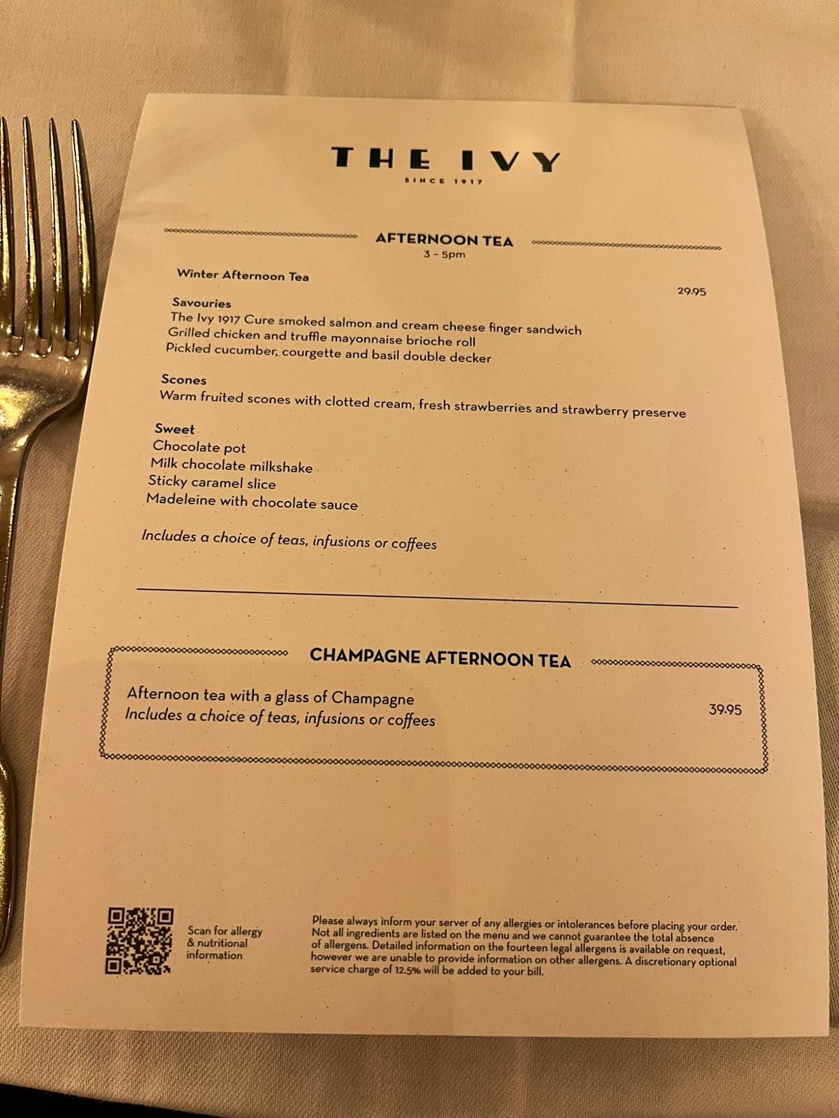 Menu at The Ivy Victoria Quarter Leeds restaurant, Leeds