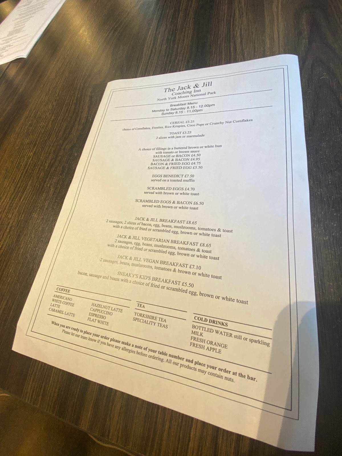 Menu at The Jack and Jill Coaching Inn cafe, England