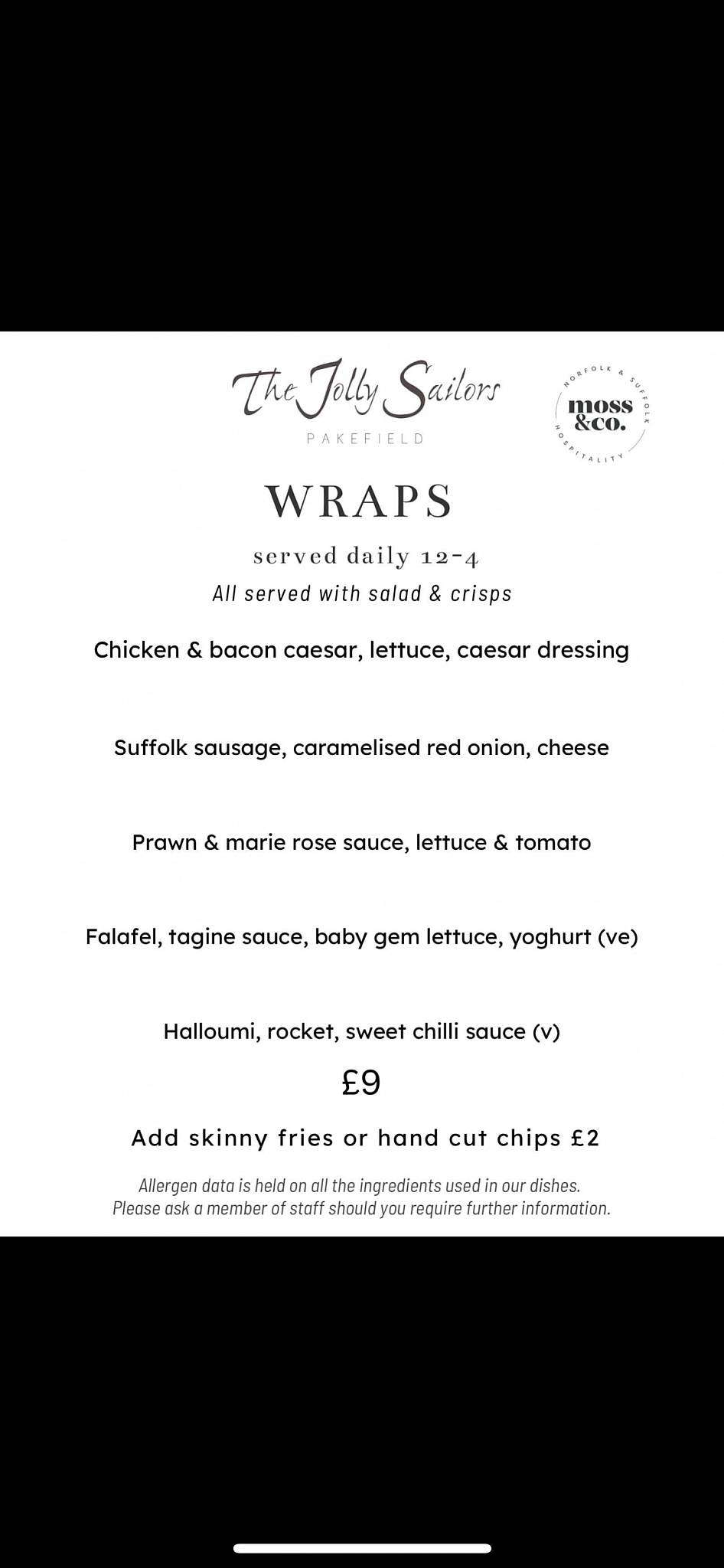 Menu at The Jolly Sailors pub & bar, Lowestoft