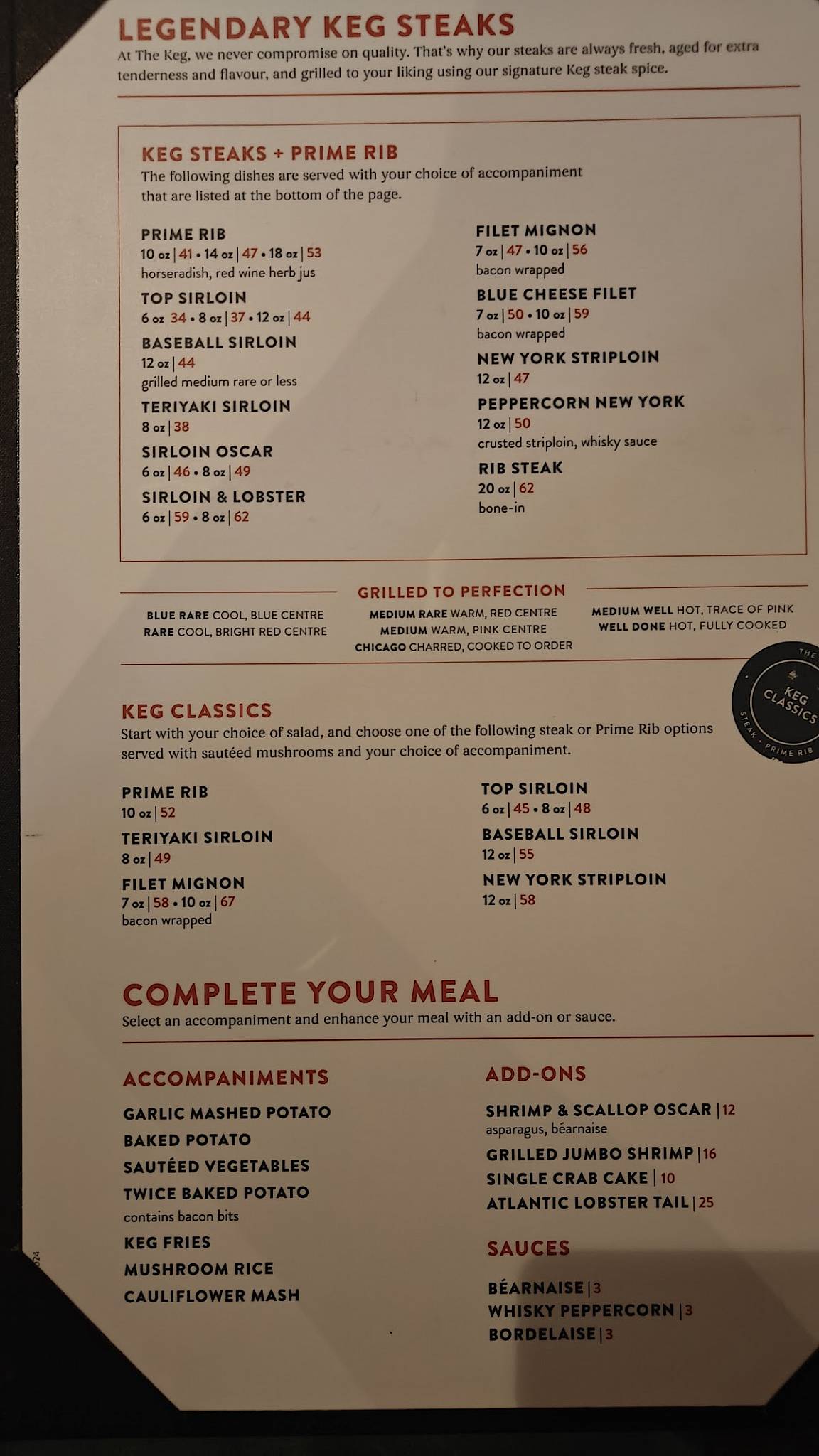 Menu au The Keg Steakhouse, Montréal, 25 Rue Saint-Paul E