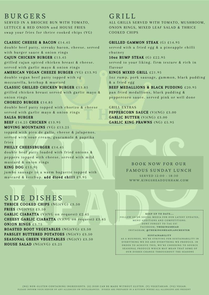 Menu at The Kings Head pub & bar, Burnhope, 1 Station Rd